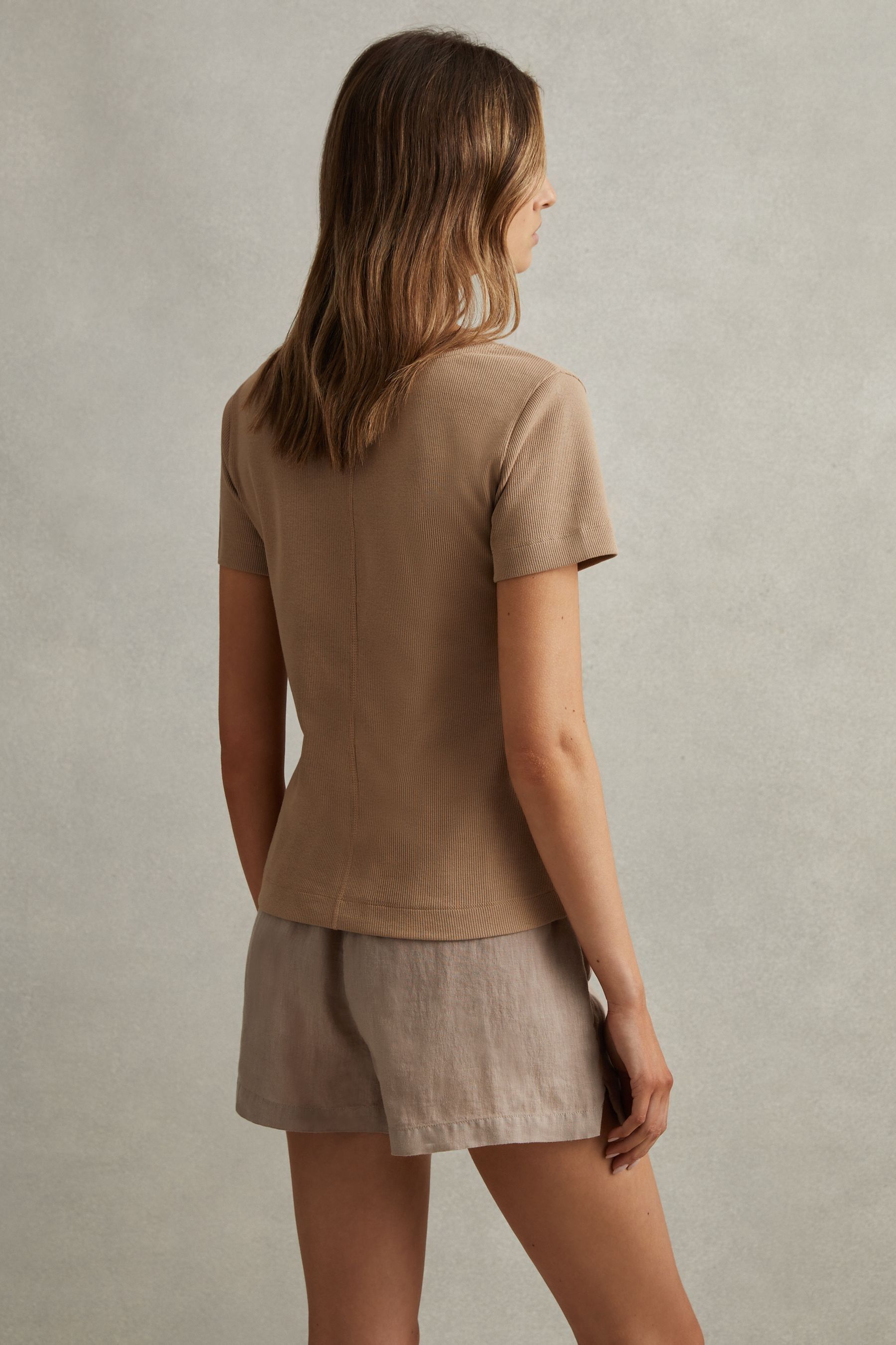 Buy Reiss Camel Becca Cotton Blend Ribbed V-Neck Top from the Next UK ...