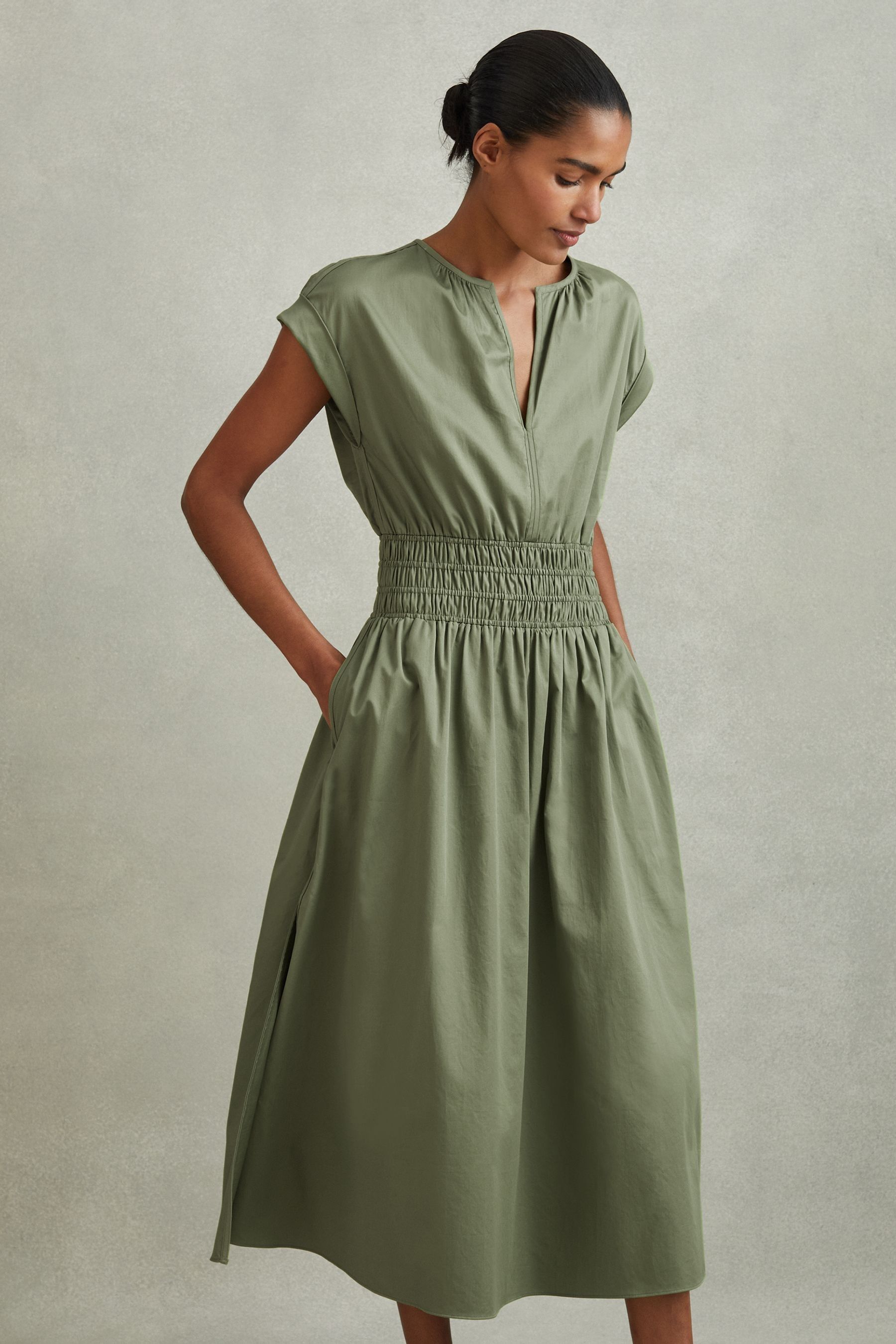 Buy Reiss Green Lena Petite Cotton Ruched Waist Midi Dress from the ...