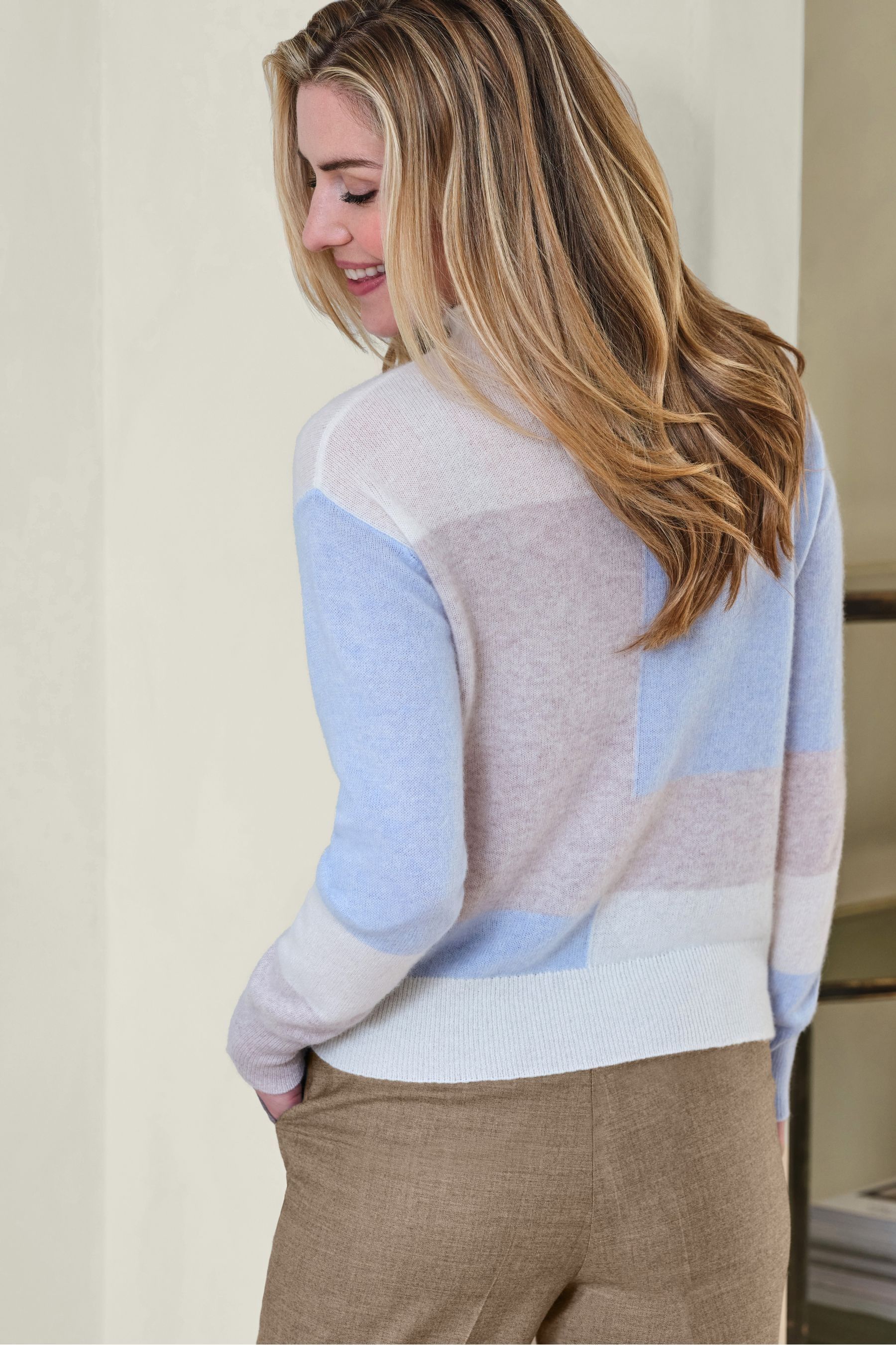 Buy Pure Collection Blue Cashmere Gassato Colour Block Sweater from ...