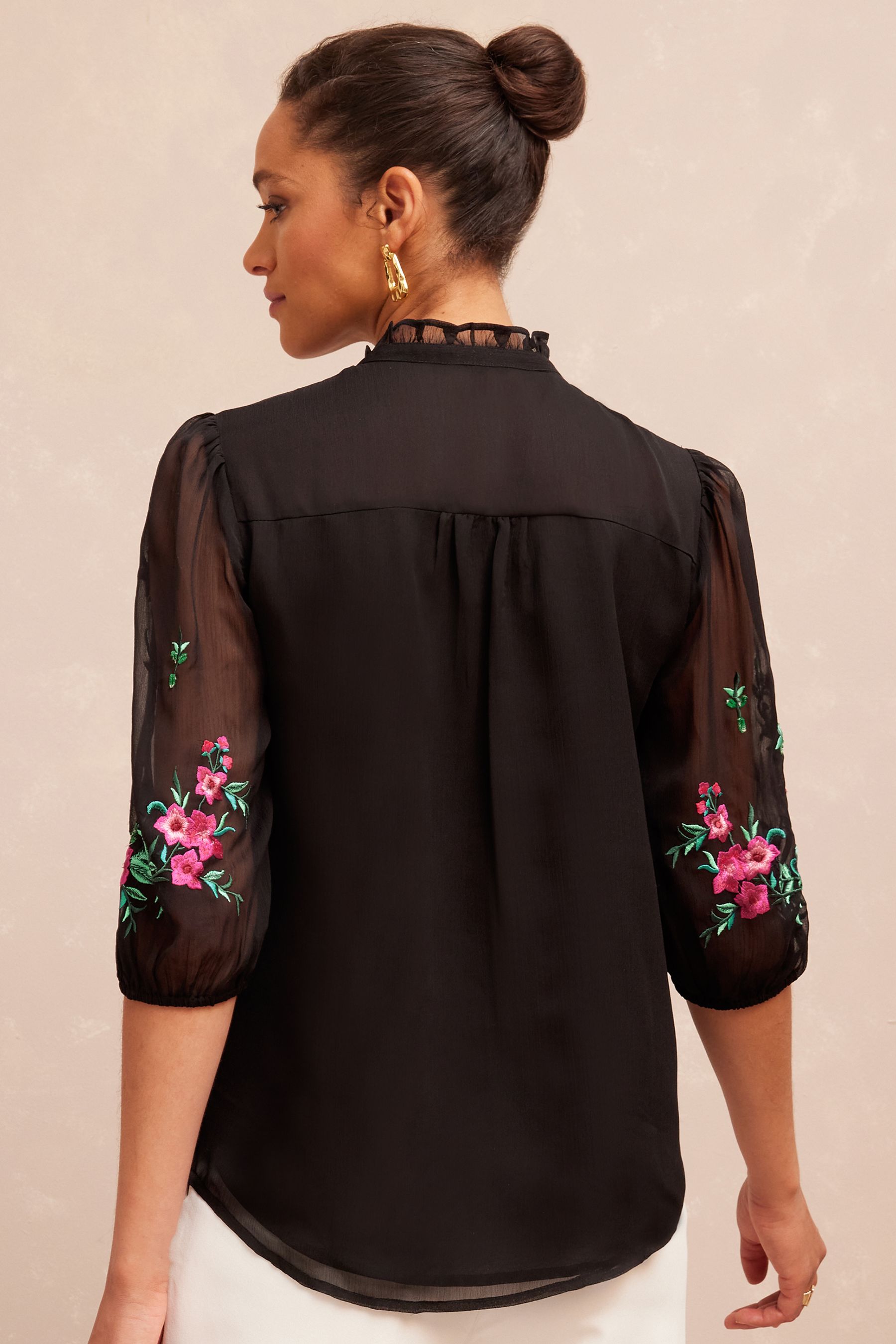 Buy V&A | Love & Roses Black Embroidery Floral Embroidered Ruffle V Neck Button Through Blouse ...