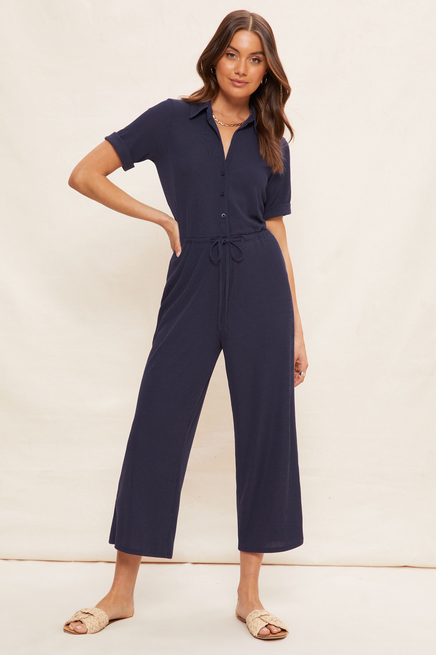 Buy Friends Like These Navy Jersey Short Sleeve Button Up Wide Leg ...