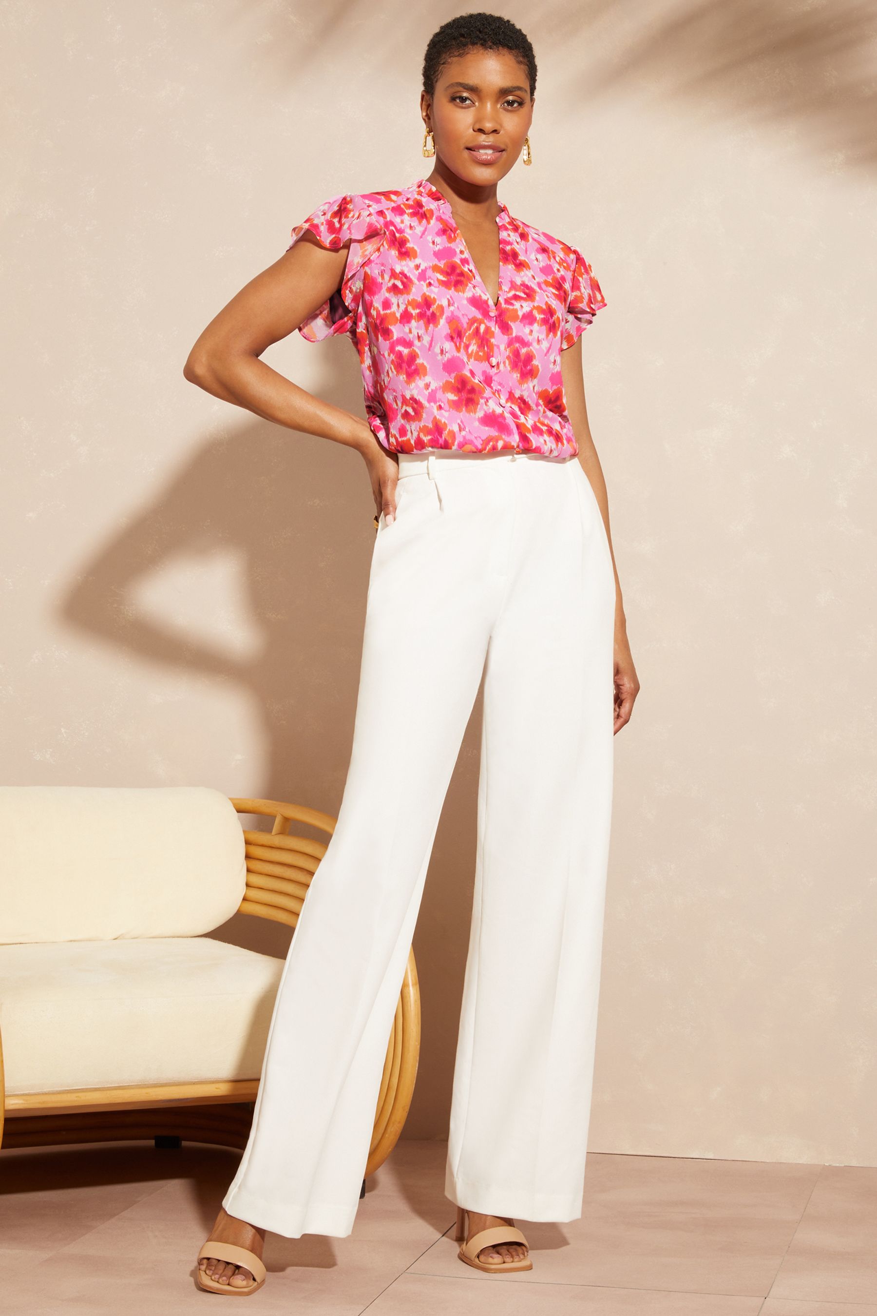 Buy Love And Roses Printed Ruffle V Neck Flutter Sleeve Button Up Blouse