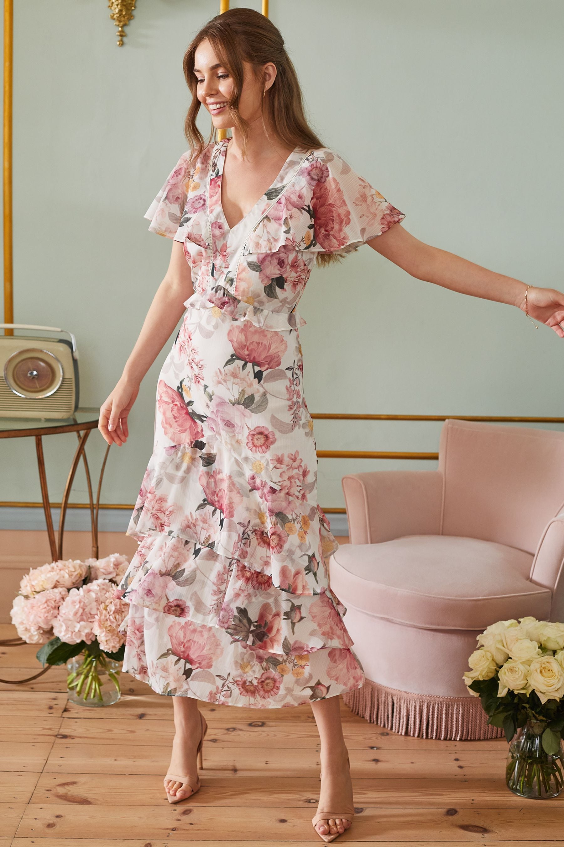 Buy Love And Roses Ivory Floral Cape Flutter Sleeve Ruffle V Neck Tiered