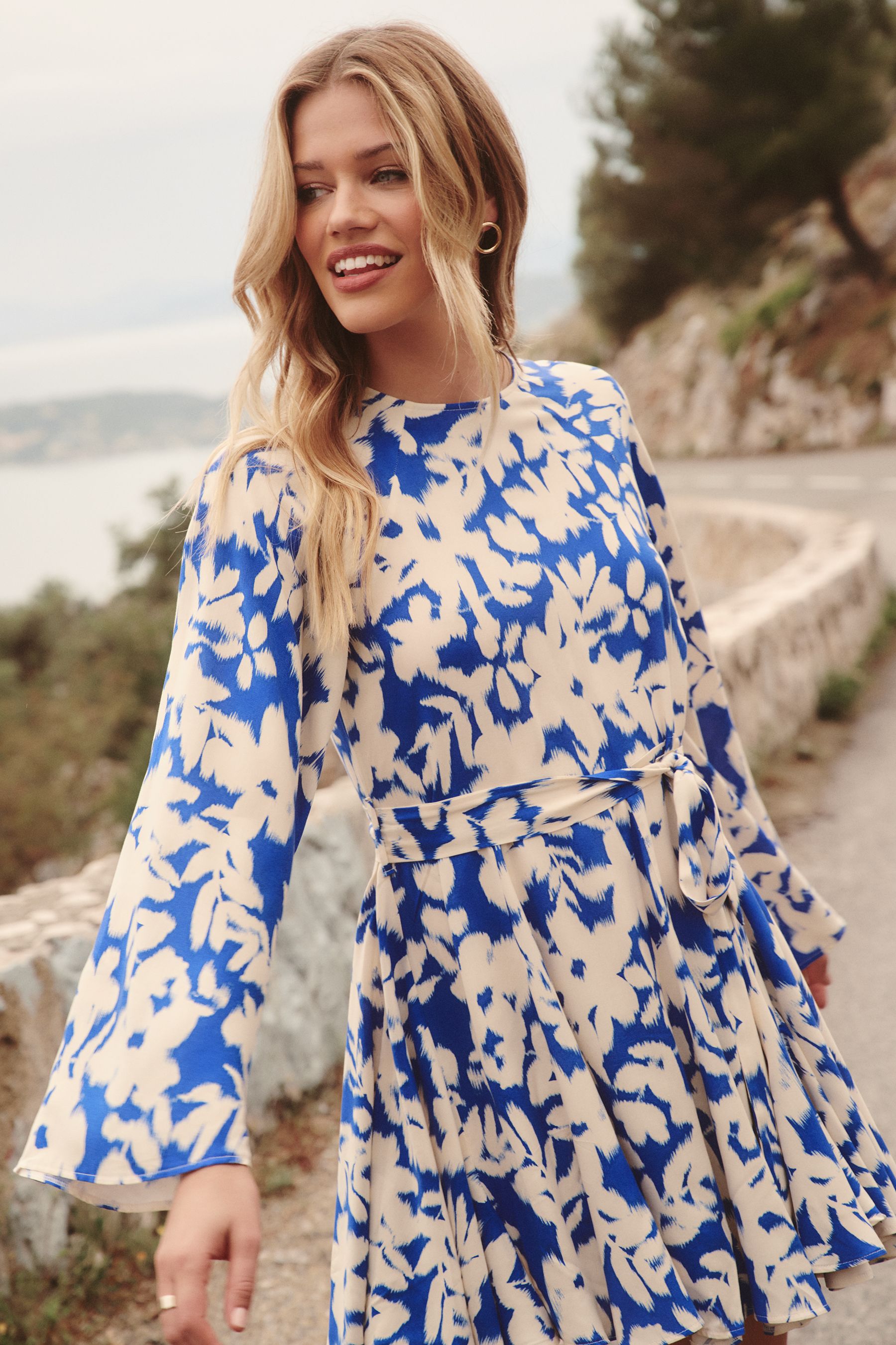 Buy Friends Like These Flare Sleeve Round Neck Godet Belted Mini Dress ...