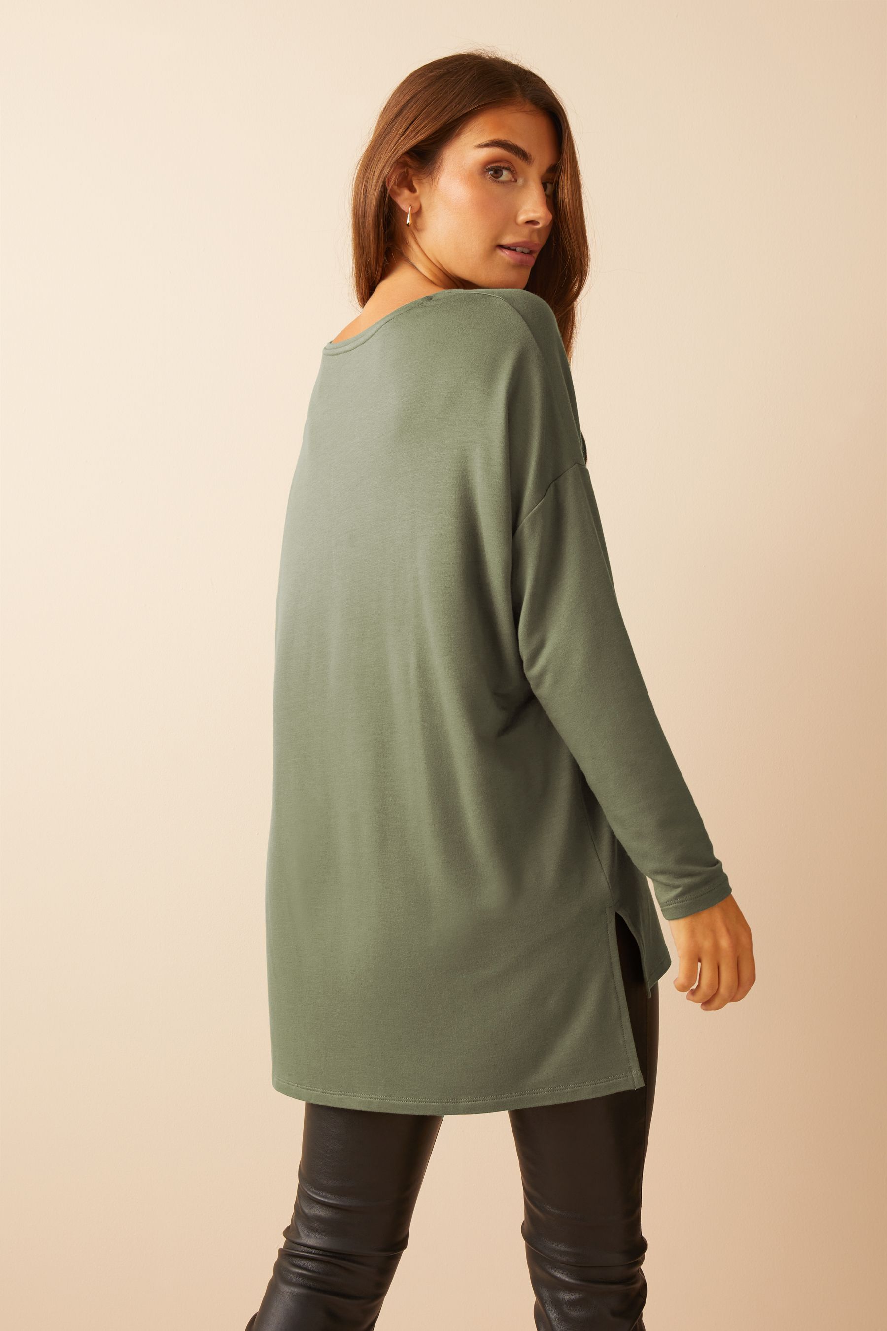 Buy Friends Like These Khaki Green Soft Jersey V Neck Long Sleeve Tunic ...