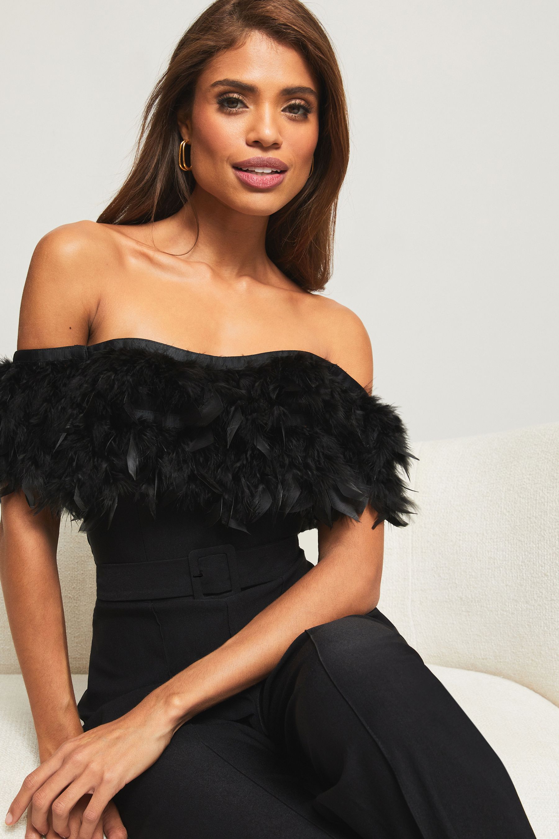 Buy Lipsy Black Premium Feather Wide Leg Belted Jumpsuit from Next Ireland