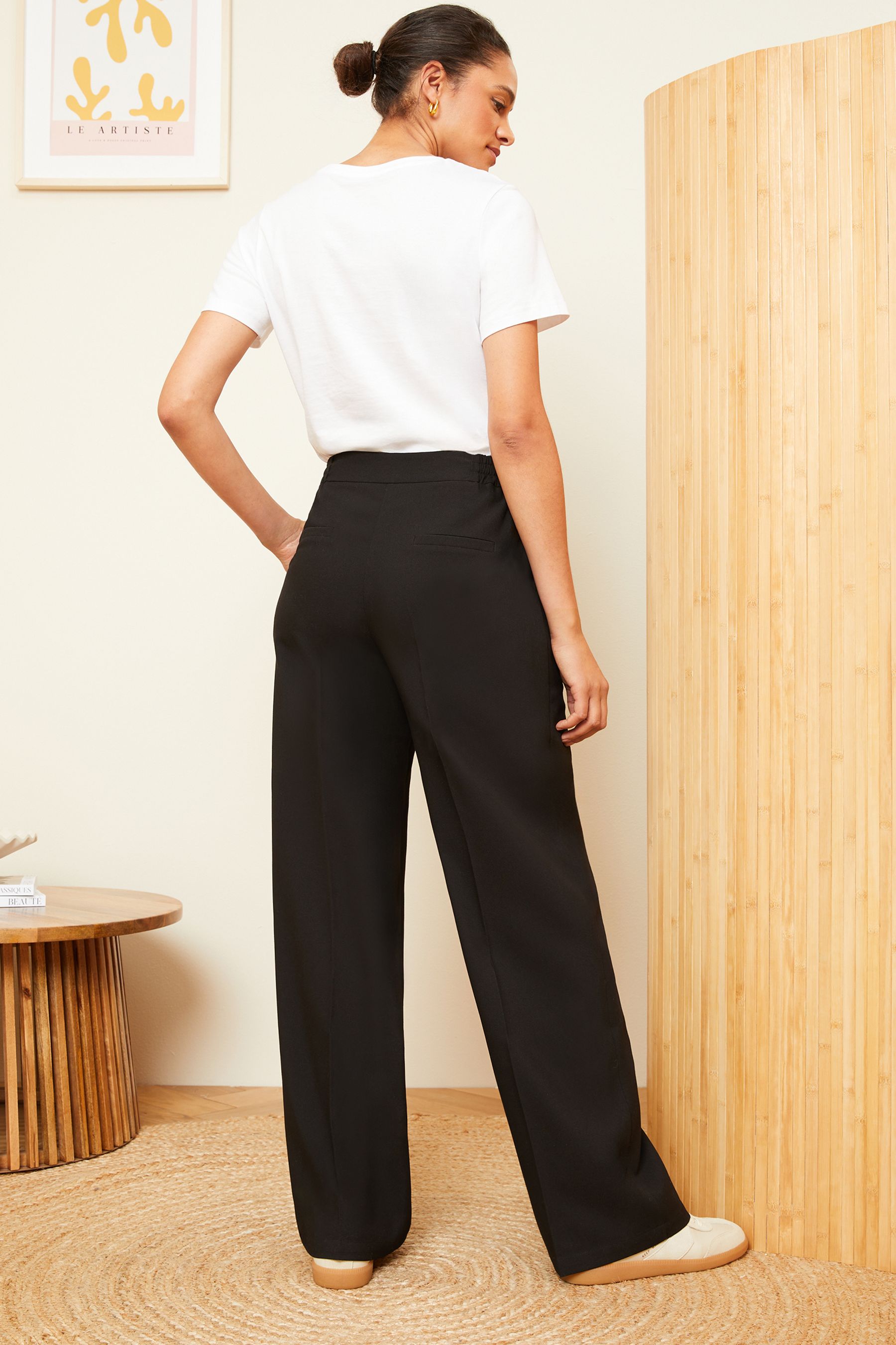 Buy Love & Roses Black Elasticated Waist Wide Leg Tailored Trousers ...