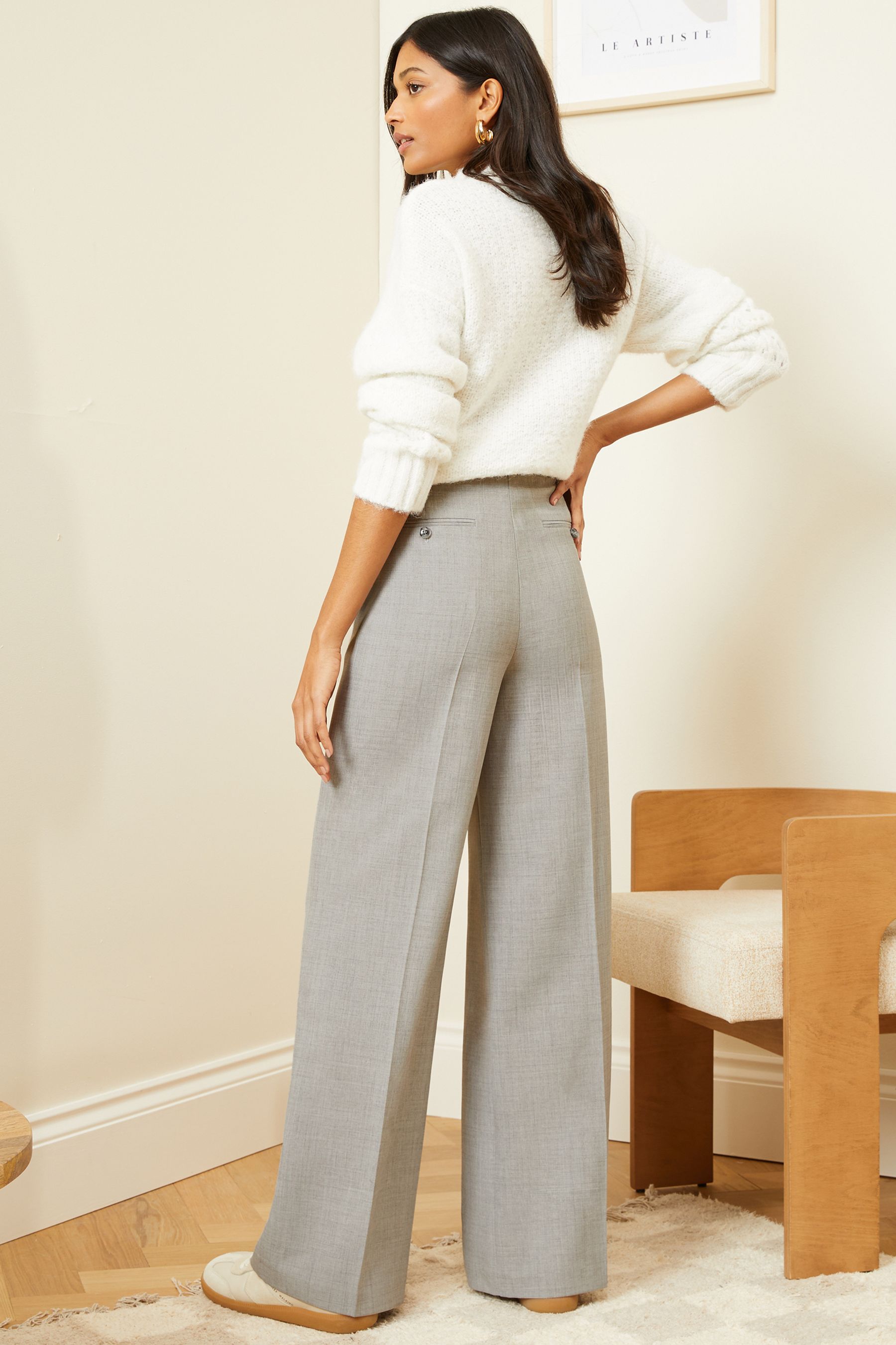 Buy Love & Roses Grey Tab High Waist Wide Leg Tailored Trousers from ...