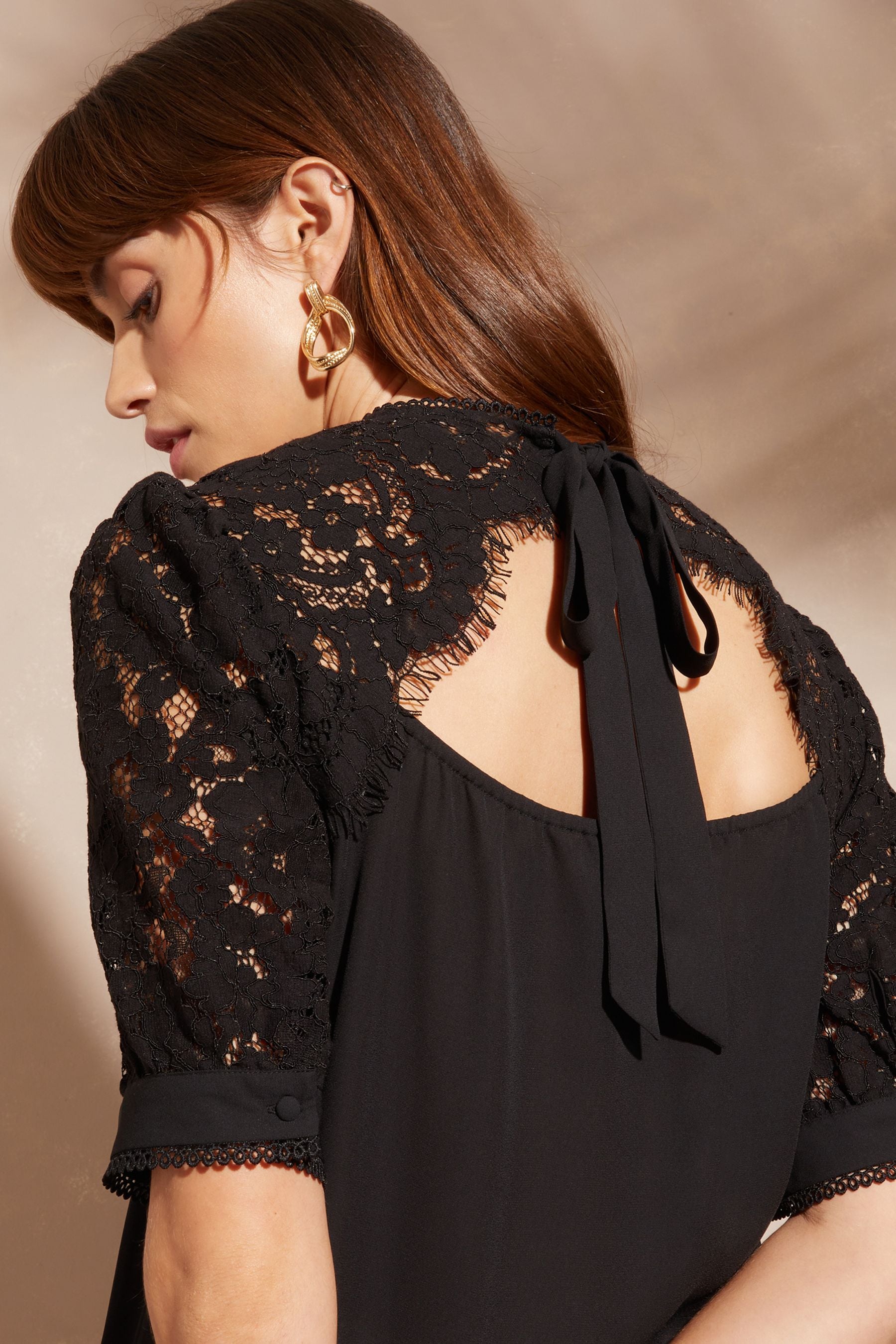 Buy Love And Roses Black Short Sleeve Lace Trim Bow Back Blouse From Next