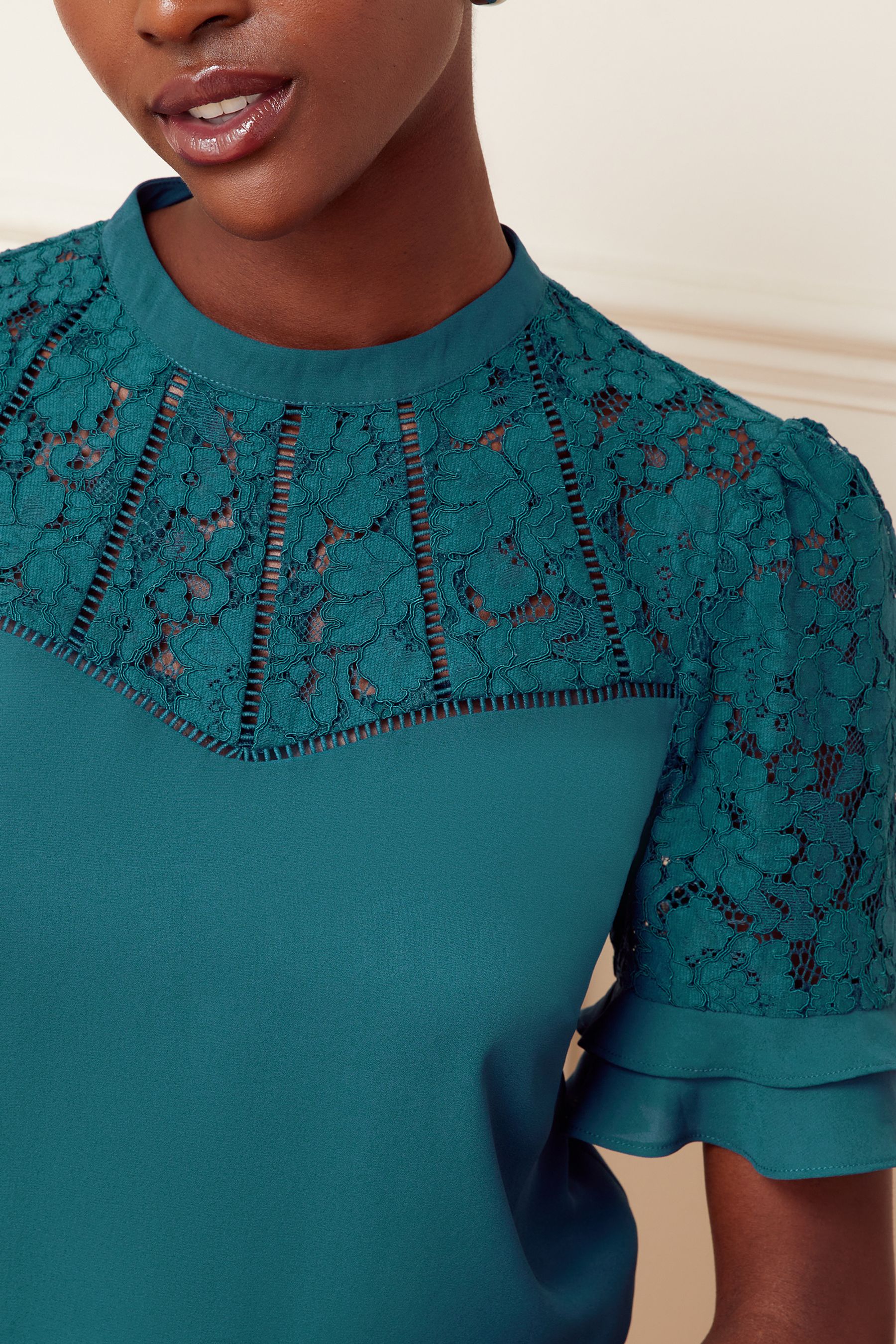 Buy Love & Roses Teal Petite Lace Mix Yoke High Neck Ruffle Sleeve Top ...