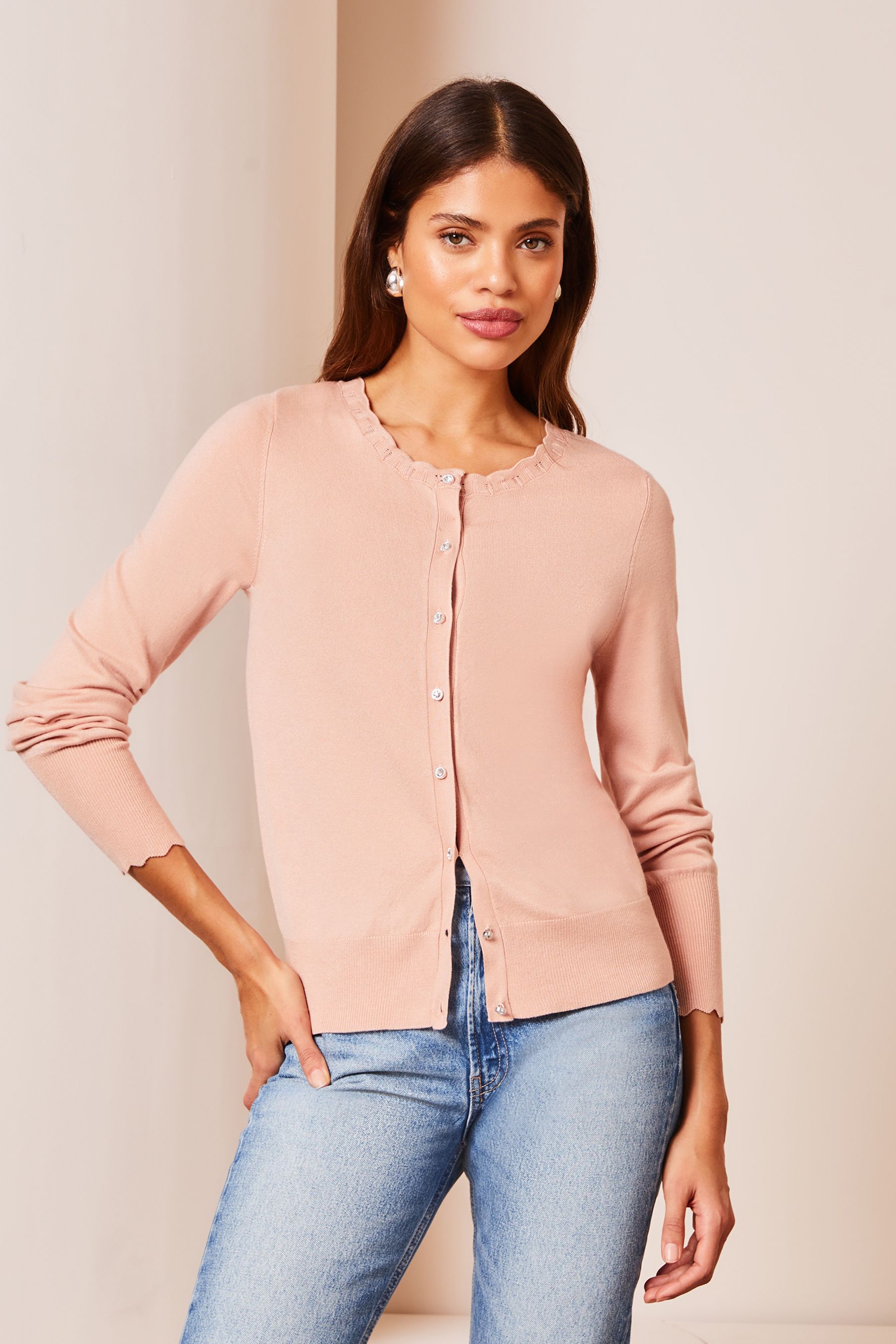 Buy Lipsy Pale Pink Scallop Detail Crew Neck Button Through Cardigan ...