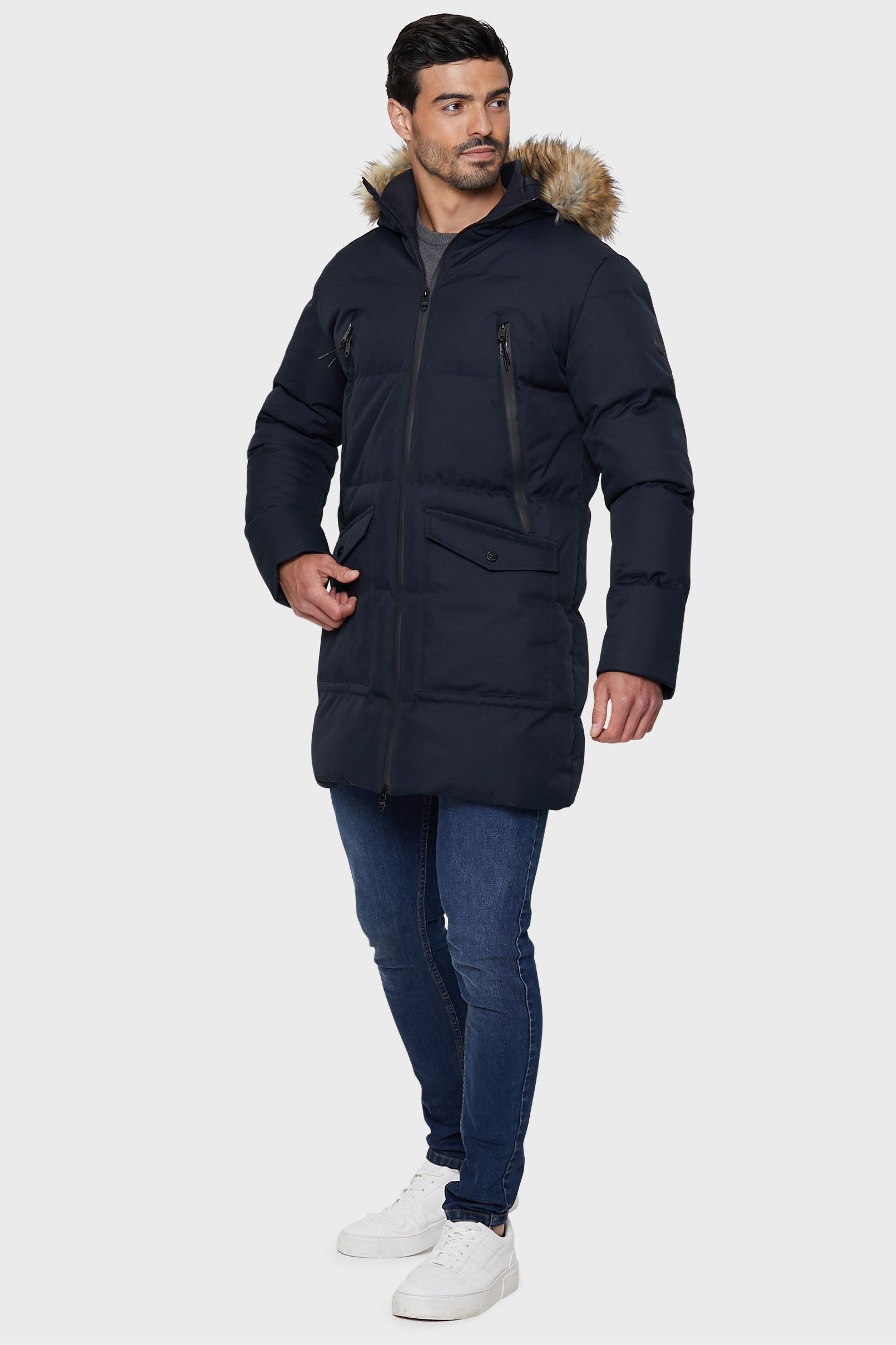 Buy Threadbare Blue Faux Fur Trim Hooded Longline Padded Coat from the ...