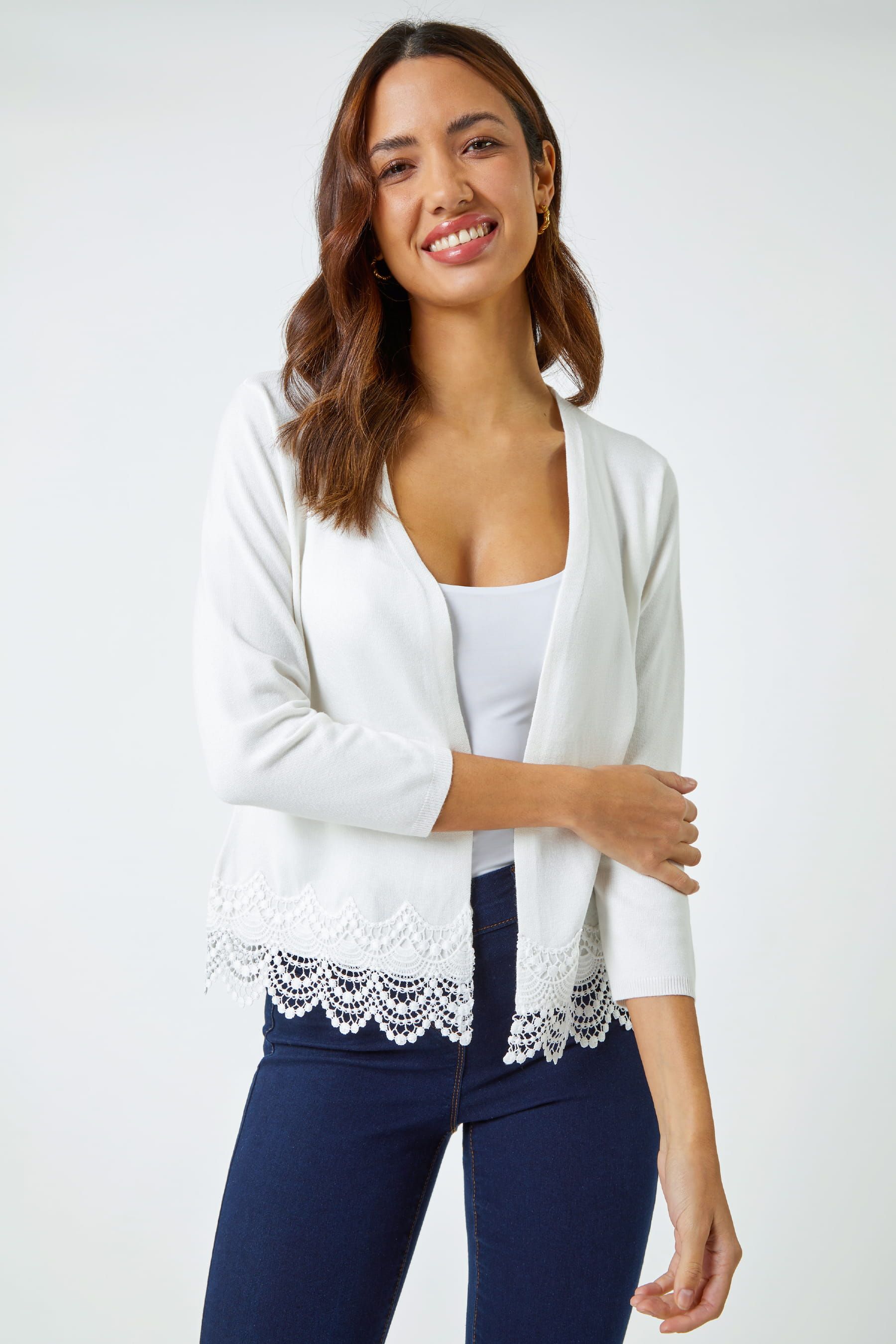 Buy Roman White Scalloped Lace Trim Knitted Shrug from the Next UK ...