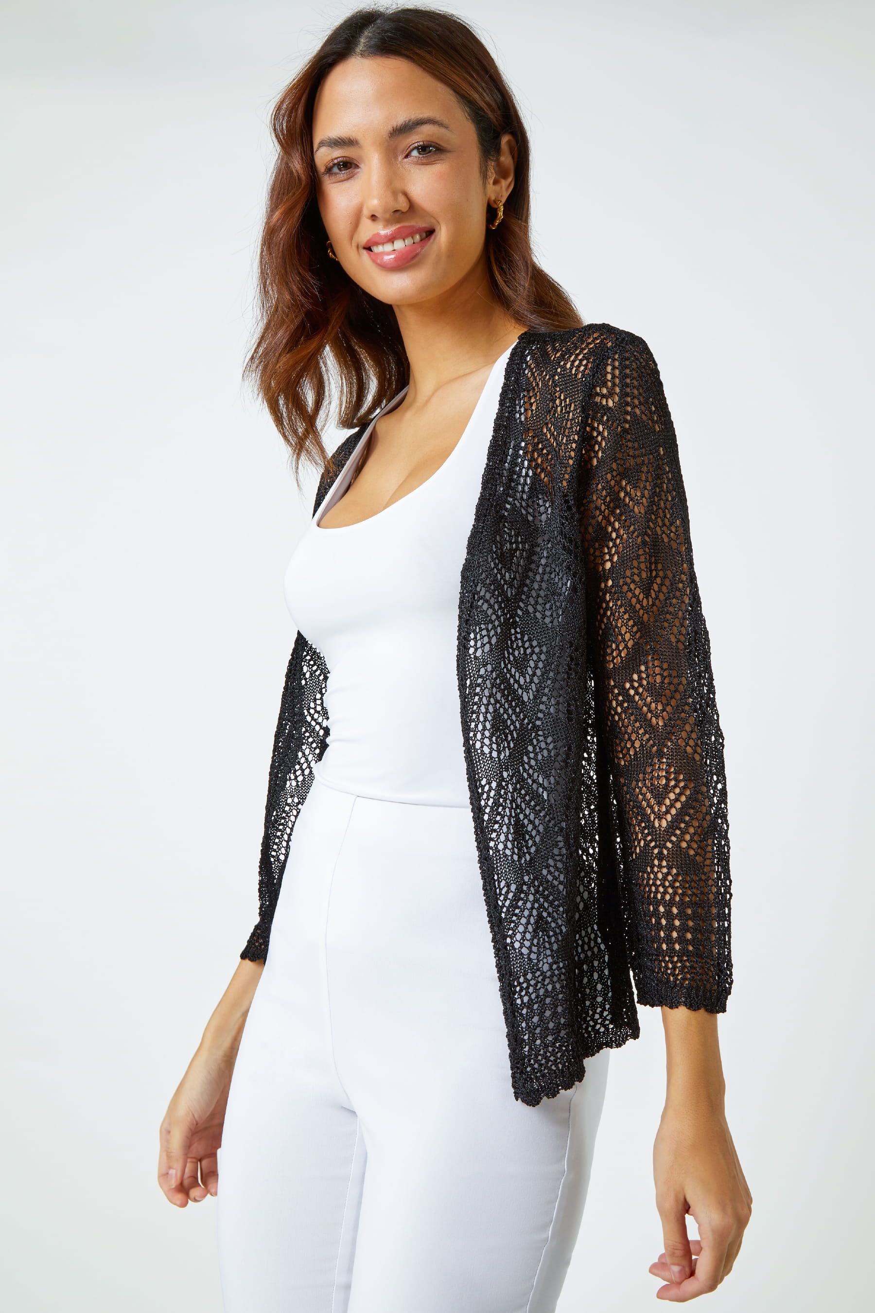Buy Roman Black Knitted Crochet Shimmer Shrug from the Next UK online shop