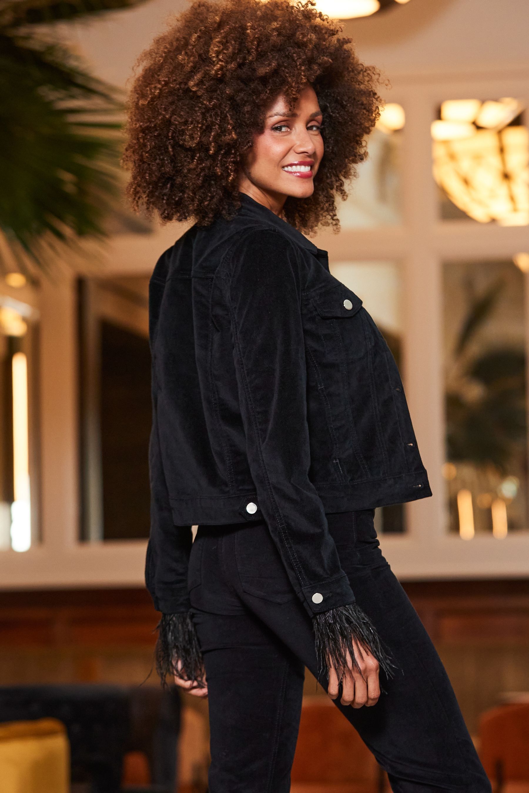 Buy Sosandar Black Velvet Denim Jacket With Feather Trim from the Next ...
