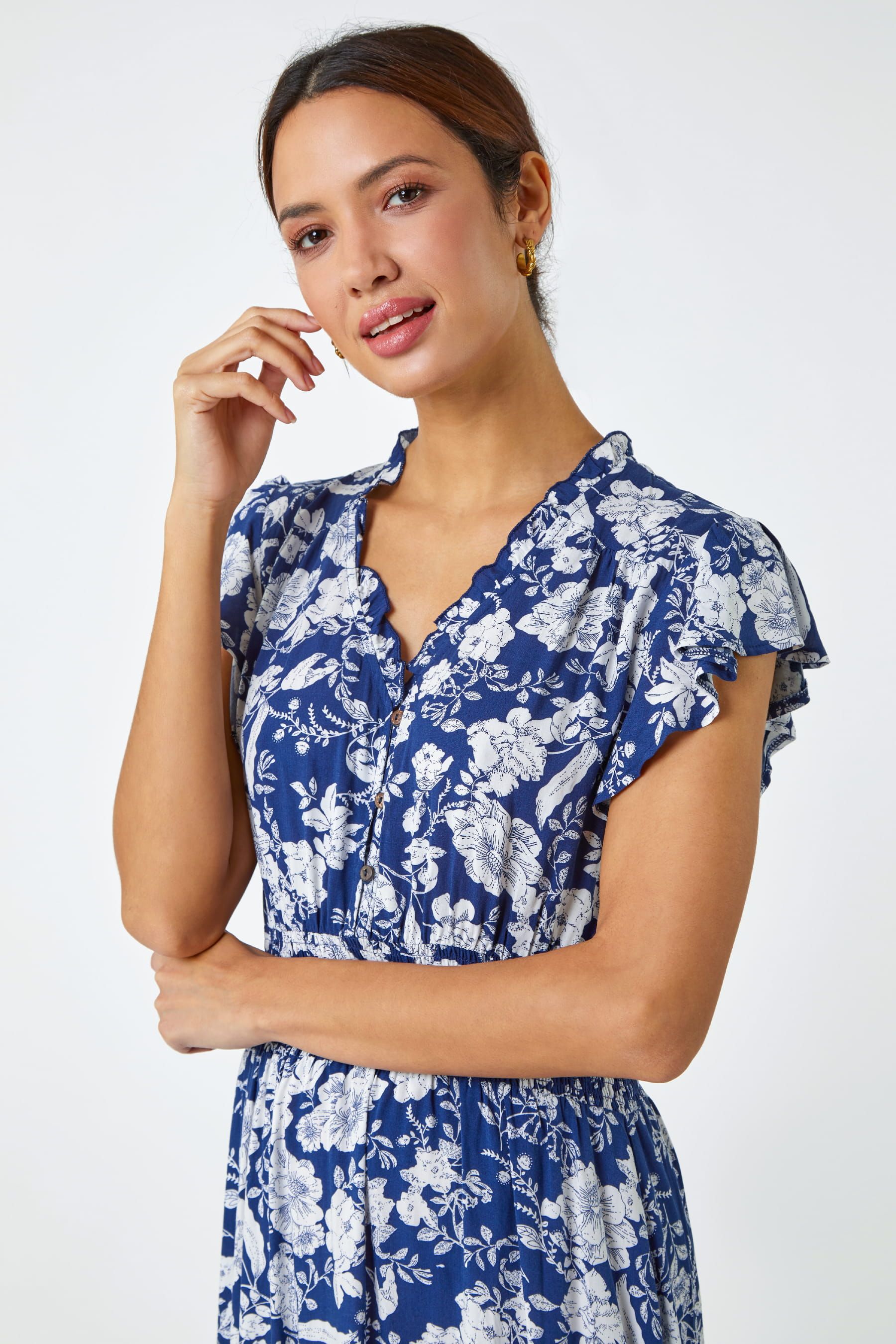 Buy Roman Blue Floral Print Frill Detail Midi Dress from the Next UK ...