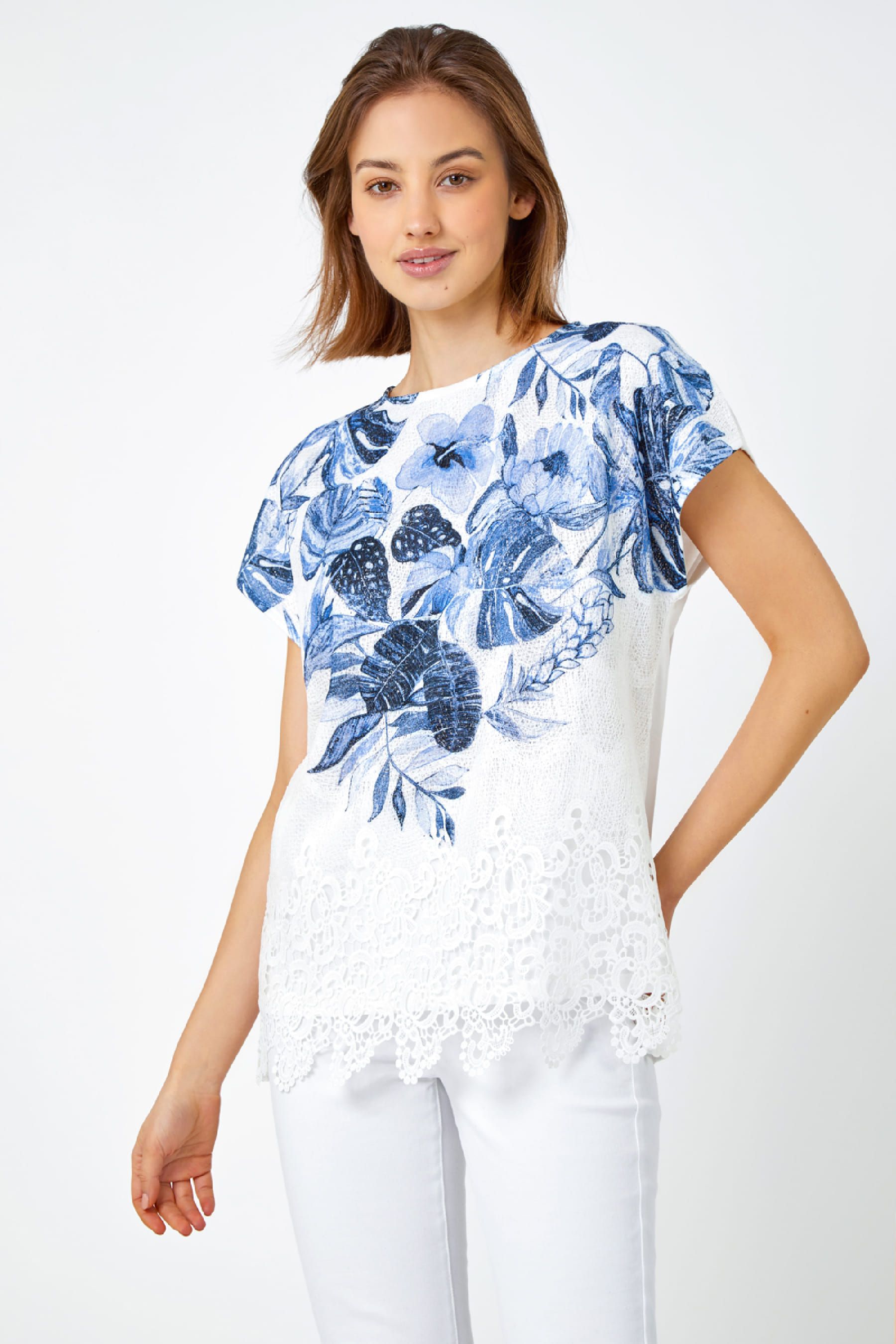 Buy Roman Blue Floral Border Lace Trim Jersey Top from the Next UK ...