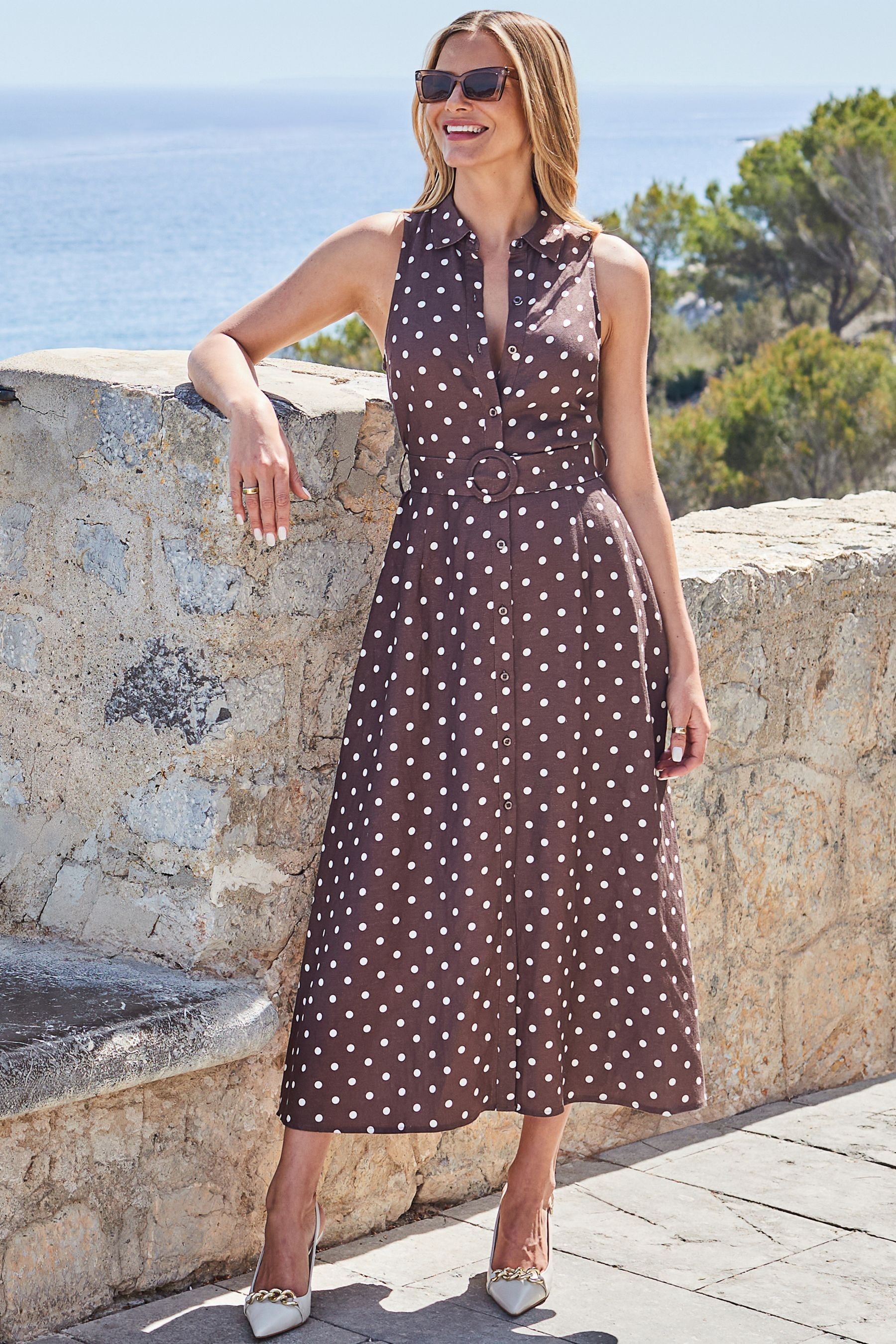 Buy Sosandar Brown Spot Print Linen Blend Midi Shirt Dress from the ...