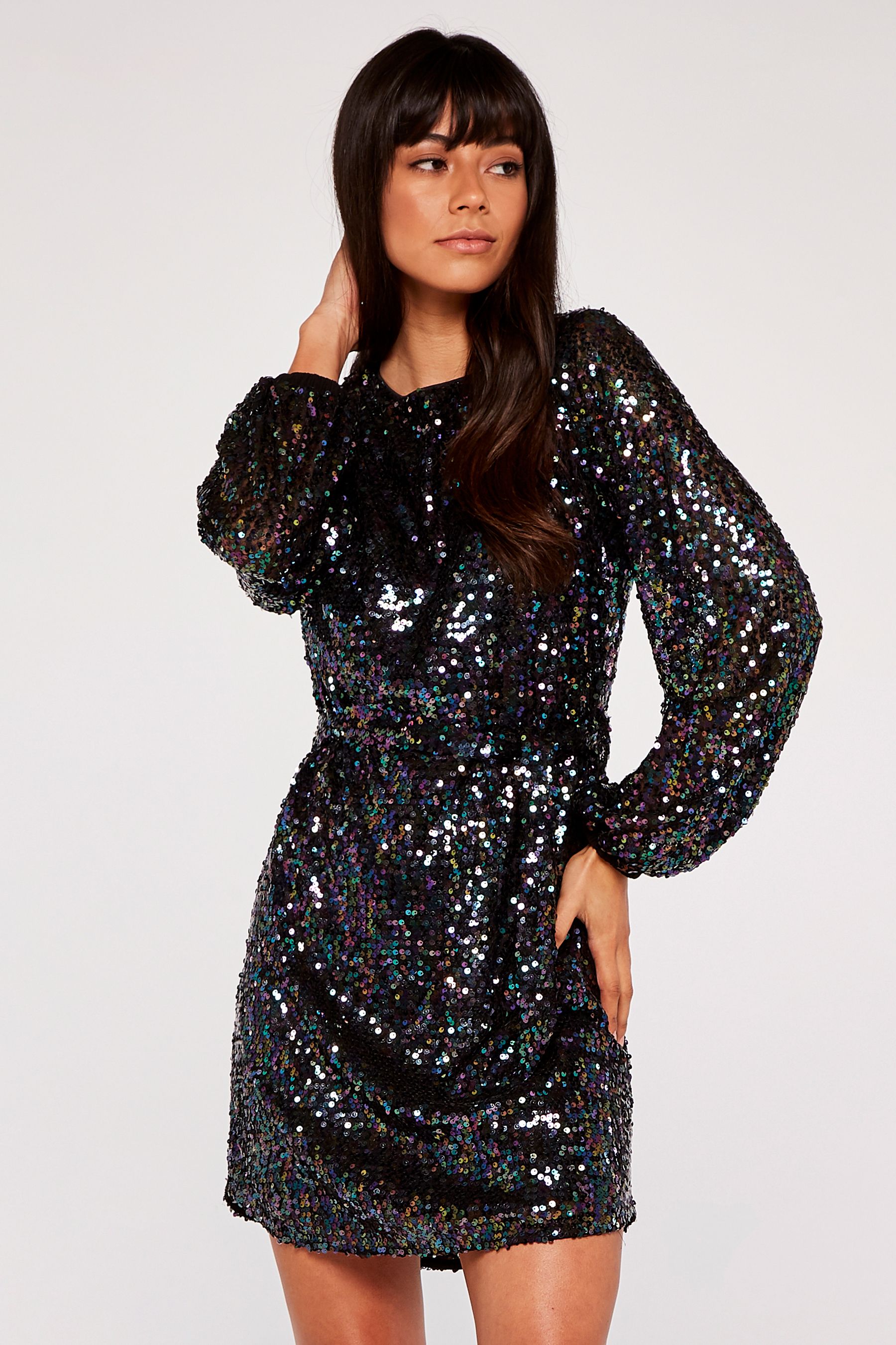 Buy Apricot Black Sequin Puff Sleeve Tie Waist Dress from the Next UK ...