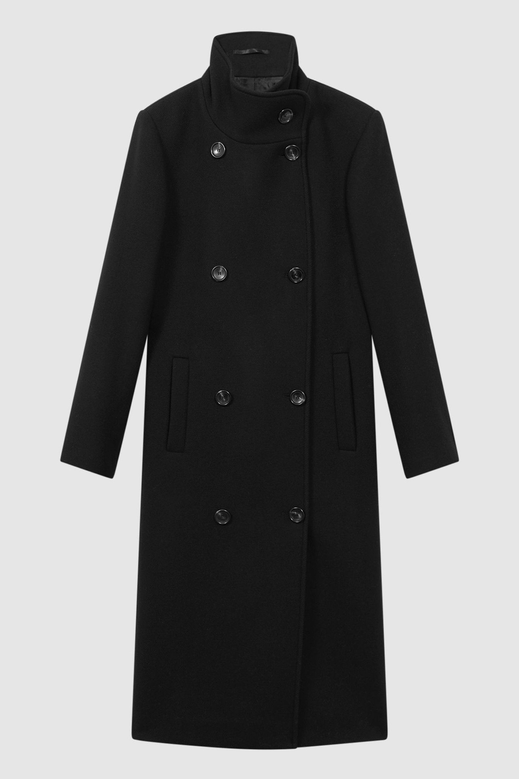 Buy Reiss Black Blair Petite Wool Blend Double Breasted Long Coat from ...
