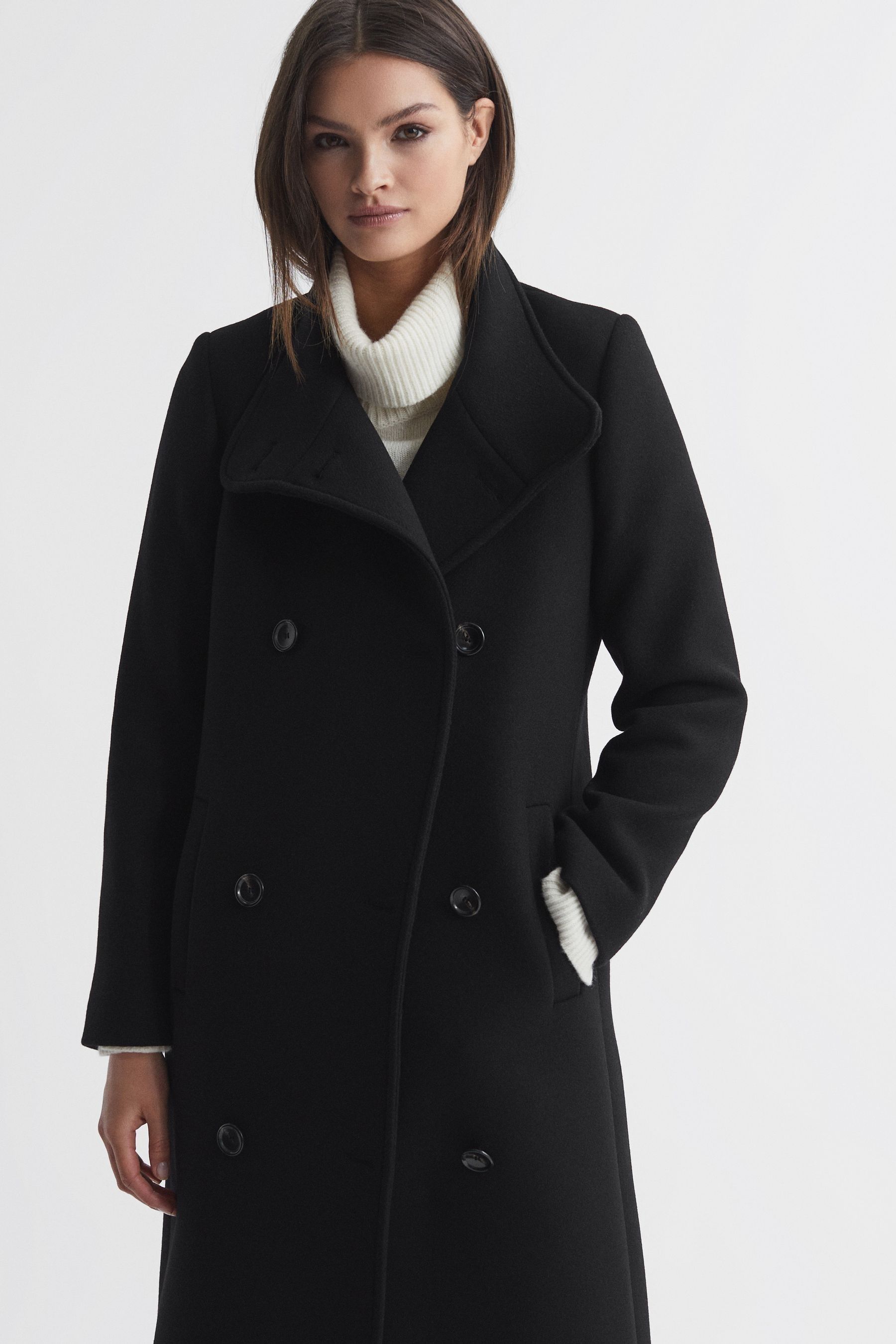 Buy Reiss Black Blair Wool Blend Double Breasted Long Coat from the ...
