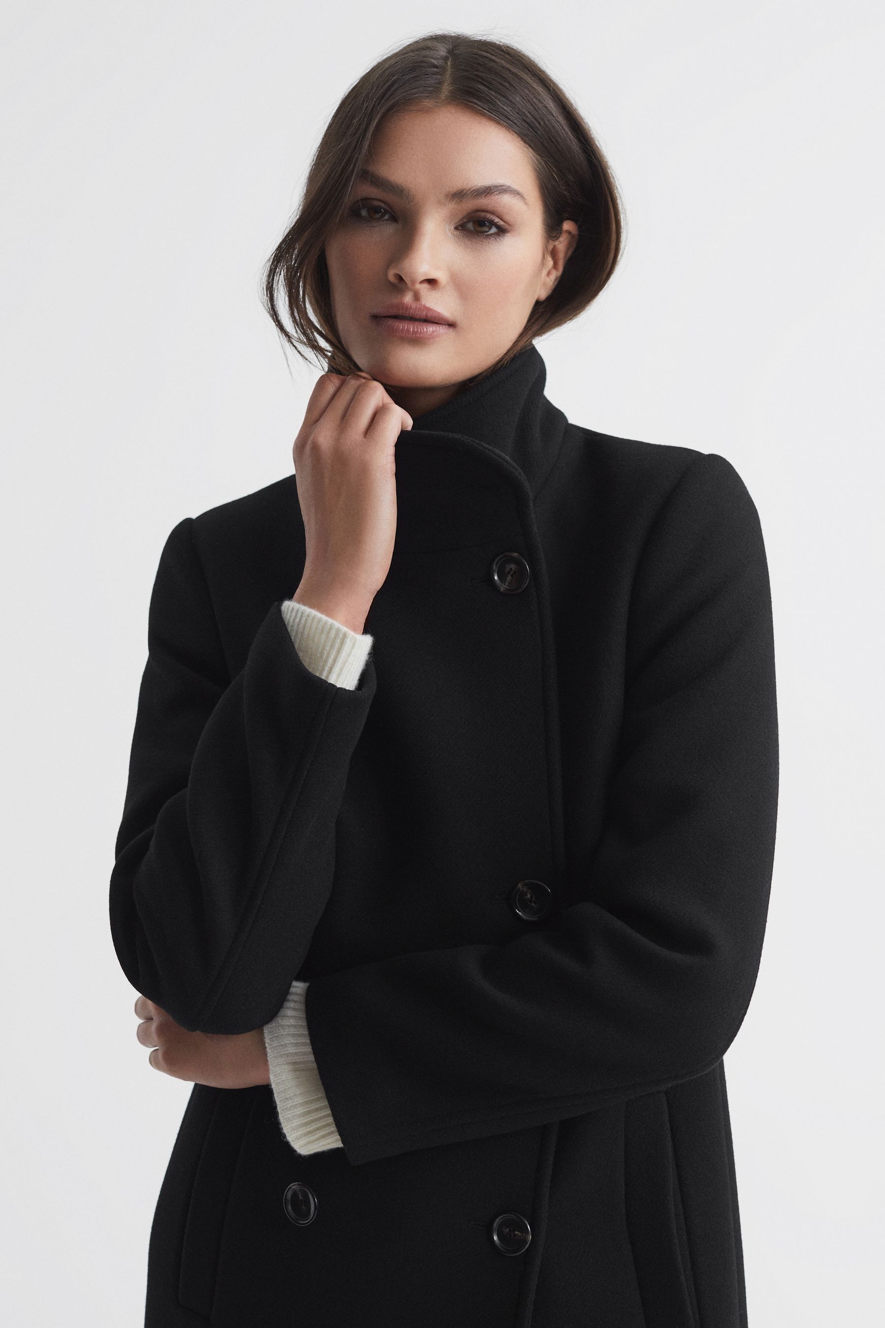 Buy Reiss Black Blair Wool Blend Double Breasted Long Coat from the ...