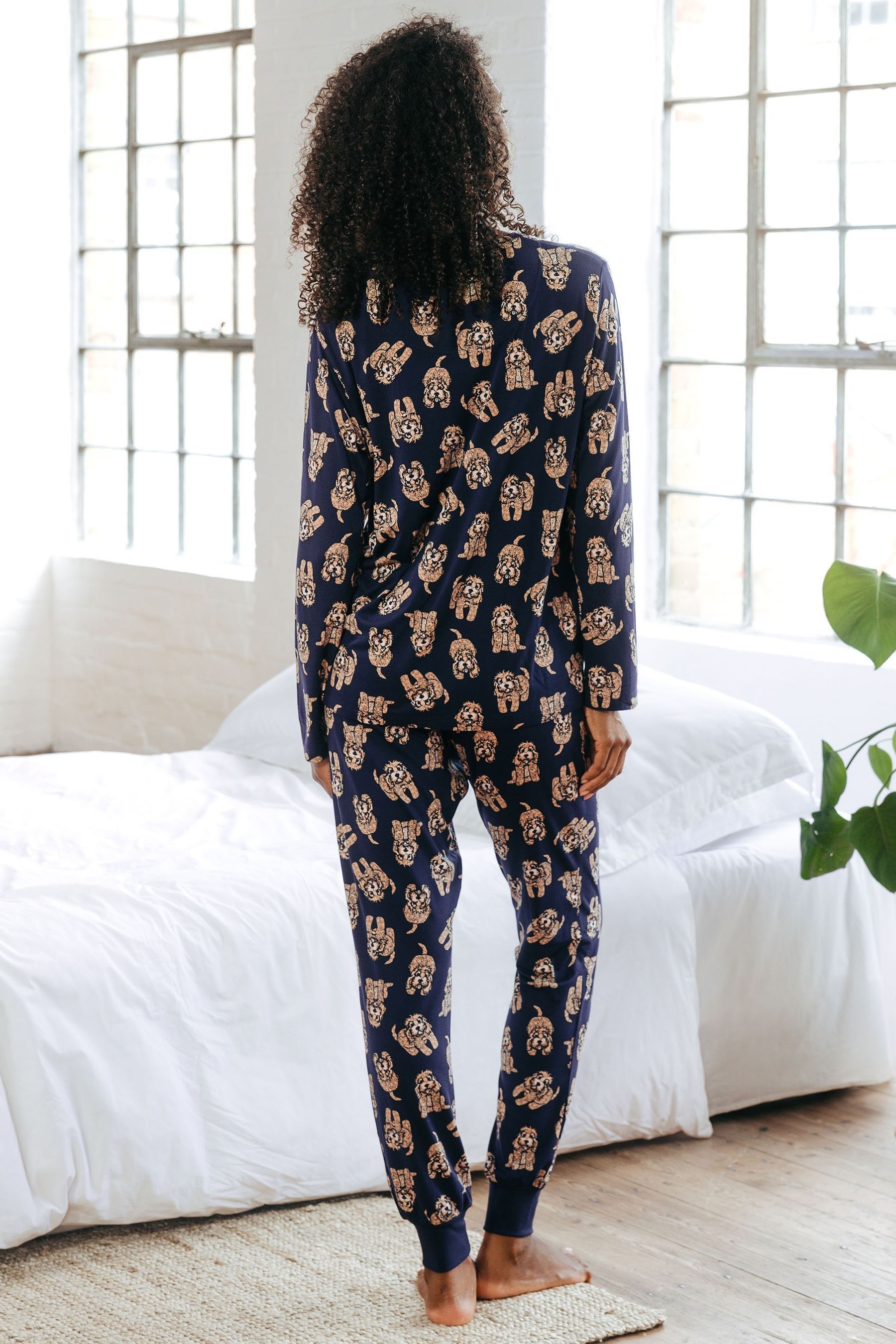 Buy Chelsea Peers Blue Cockapoo Print Crewneck Long Pyjama Set from the ...