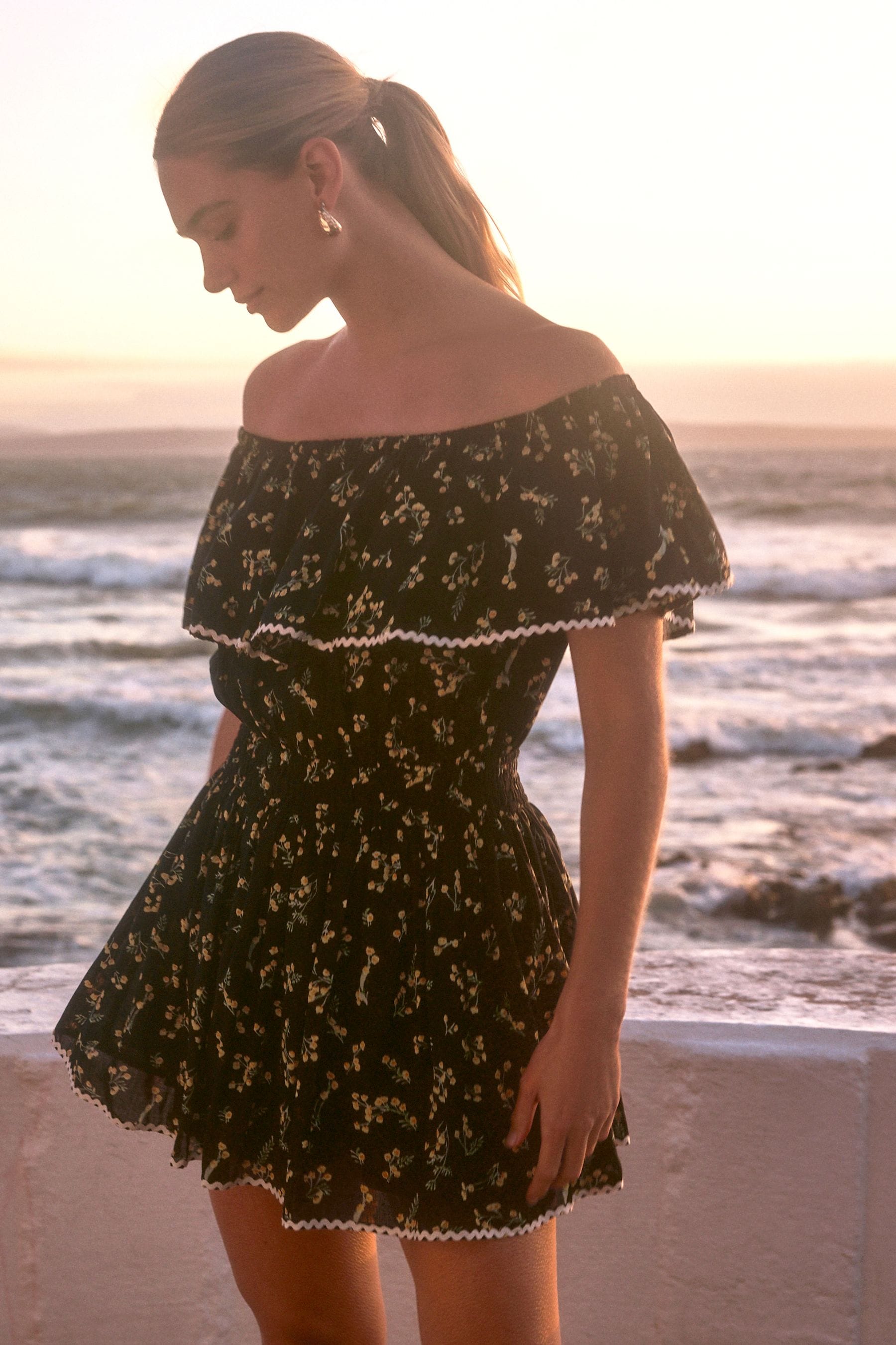 Buy Black Ditsy Off Shoulder Summer Skort 100% Cotton Floral Dress from ...