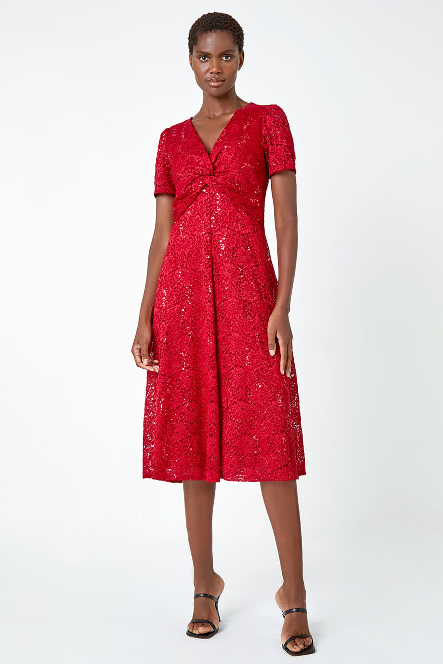 Buy Roman Red Sequin Lace Twist Front Midi Dress from the Next UK ...