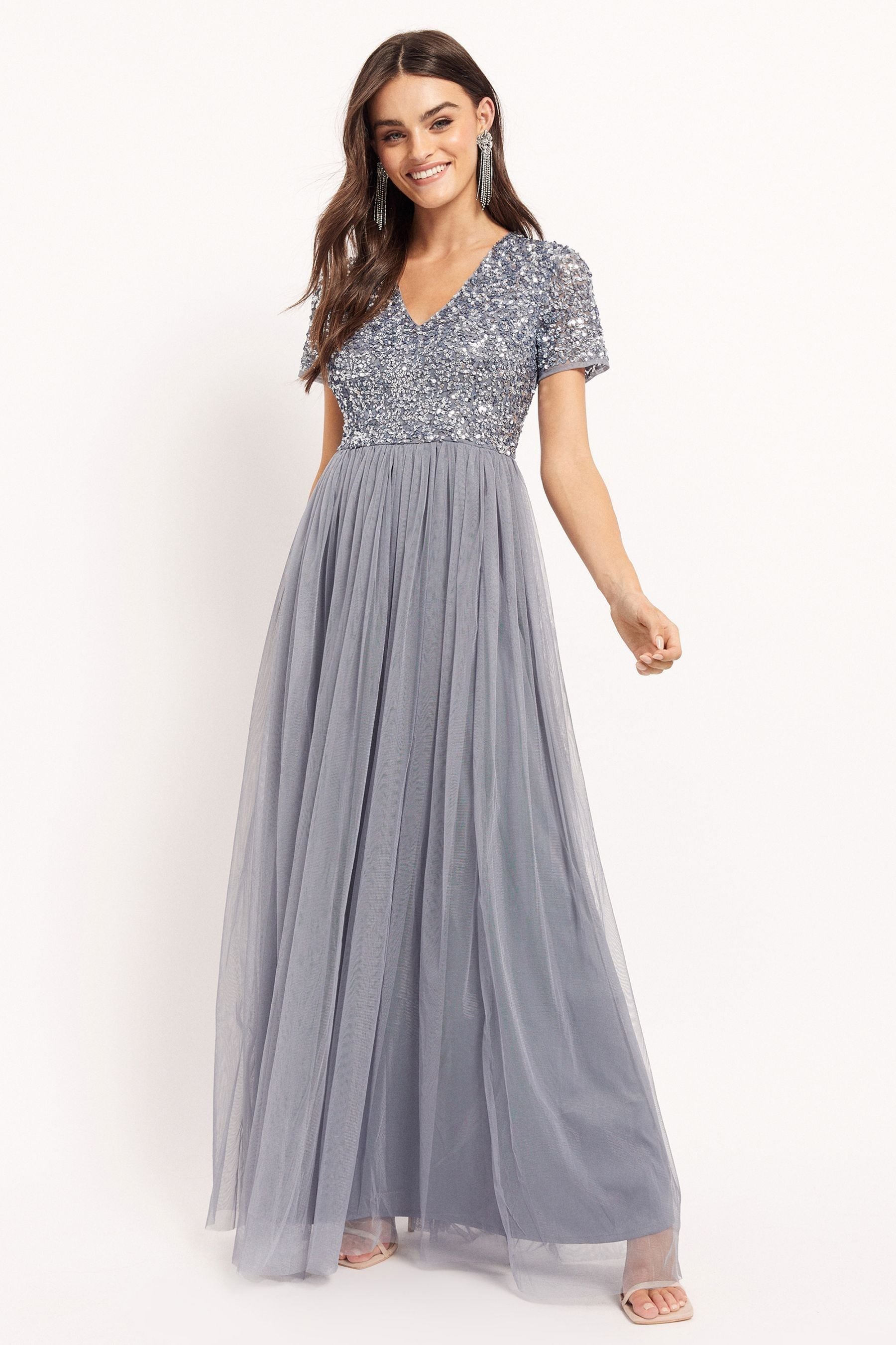 Buy Maya Blue Petite V Neck Short Sleeve Sequin Maxi Dress from Next ...