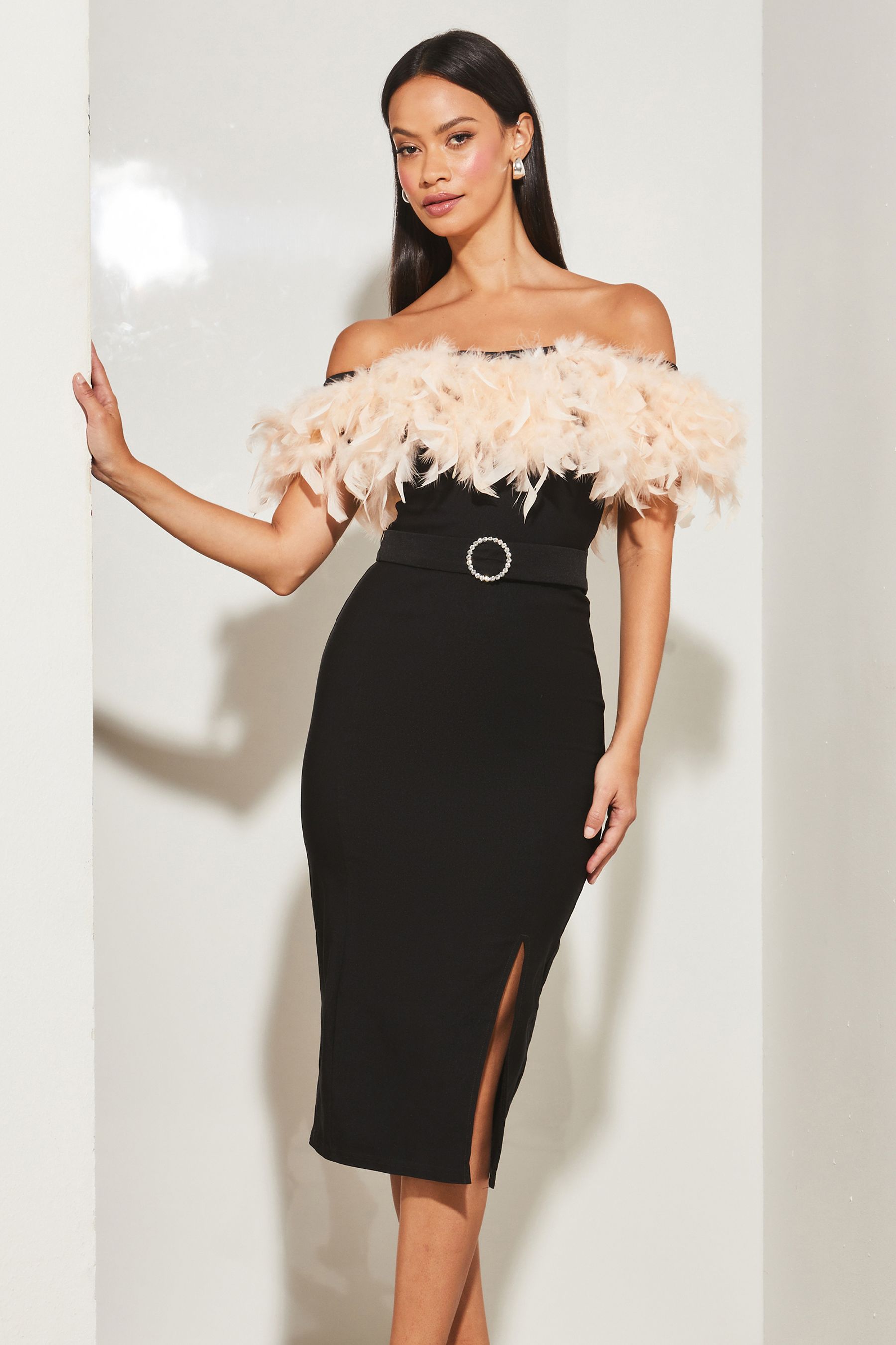 Buy Lipsy Premium Feather Bardot Belted Split Midi Dress from Next Slovakia