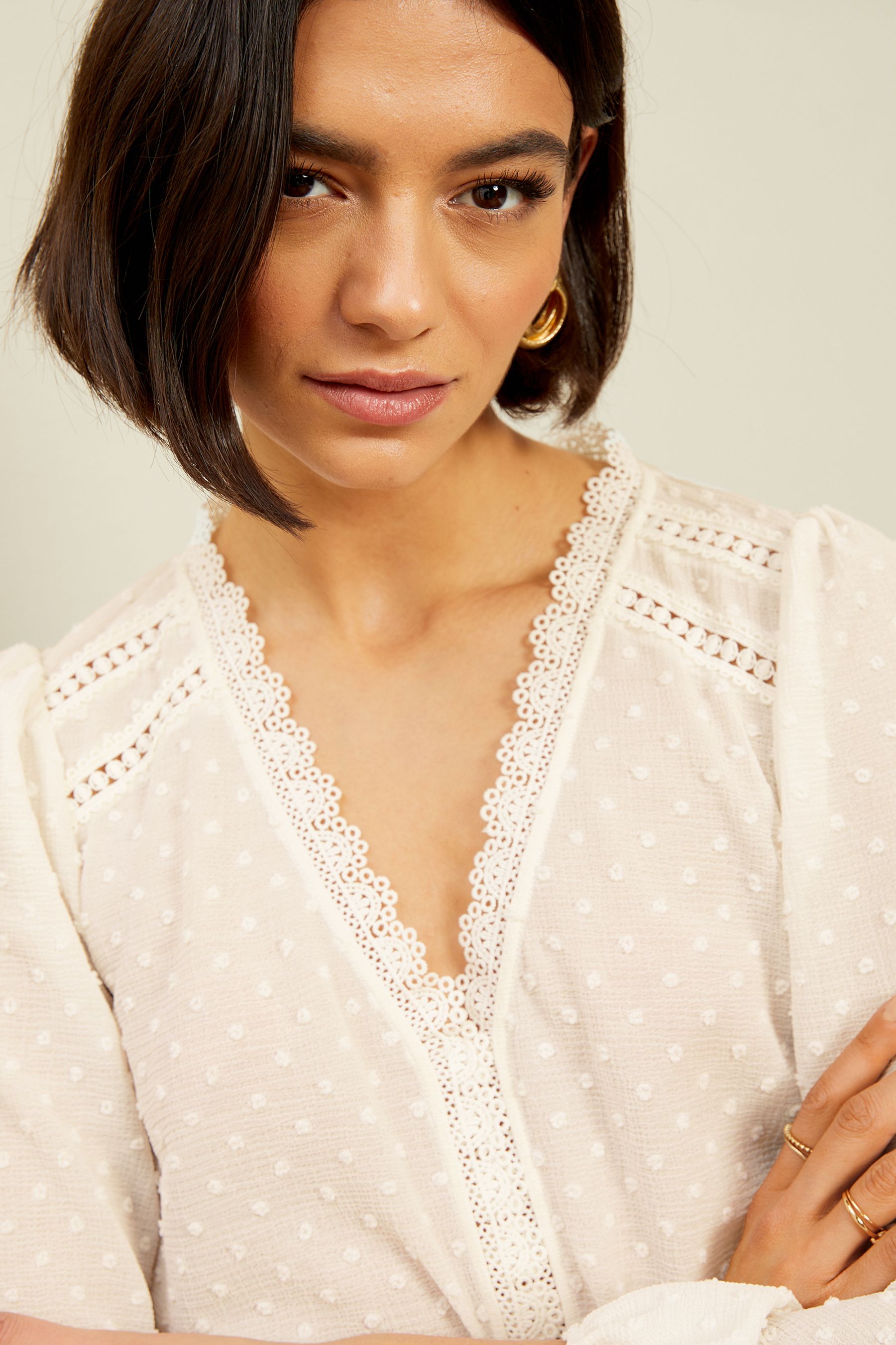 Buy Love And Roses V Neck Lace Long Sleeve Lace Trim Dobby Spot Blouse