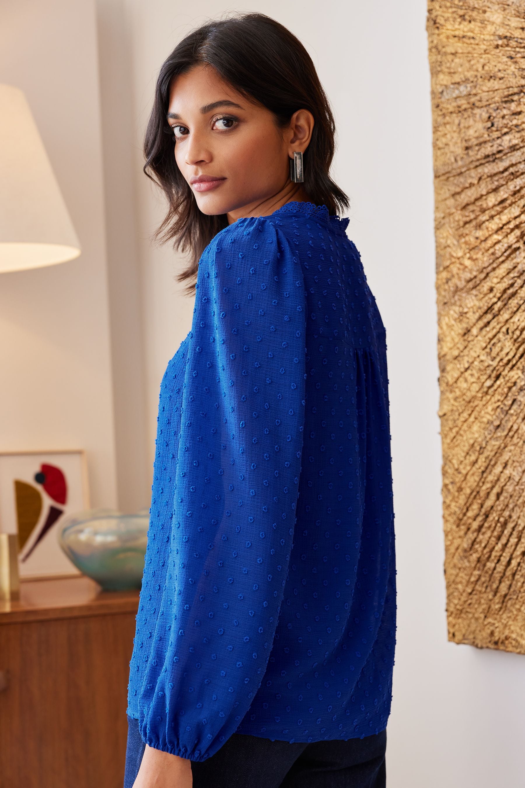 Buy Love And Roses Cobalt Blue V Neck Lace Long Sleeve Lace Trim Dobby