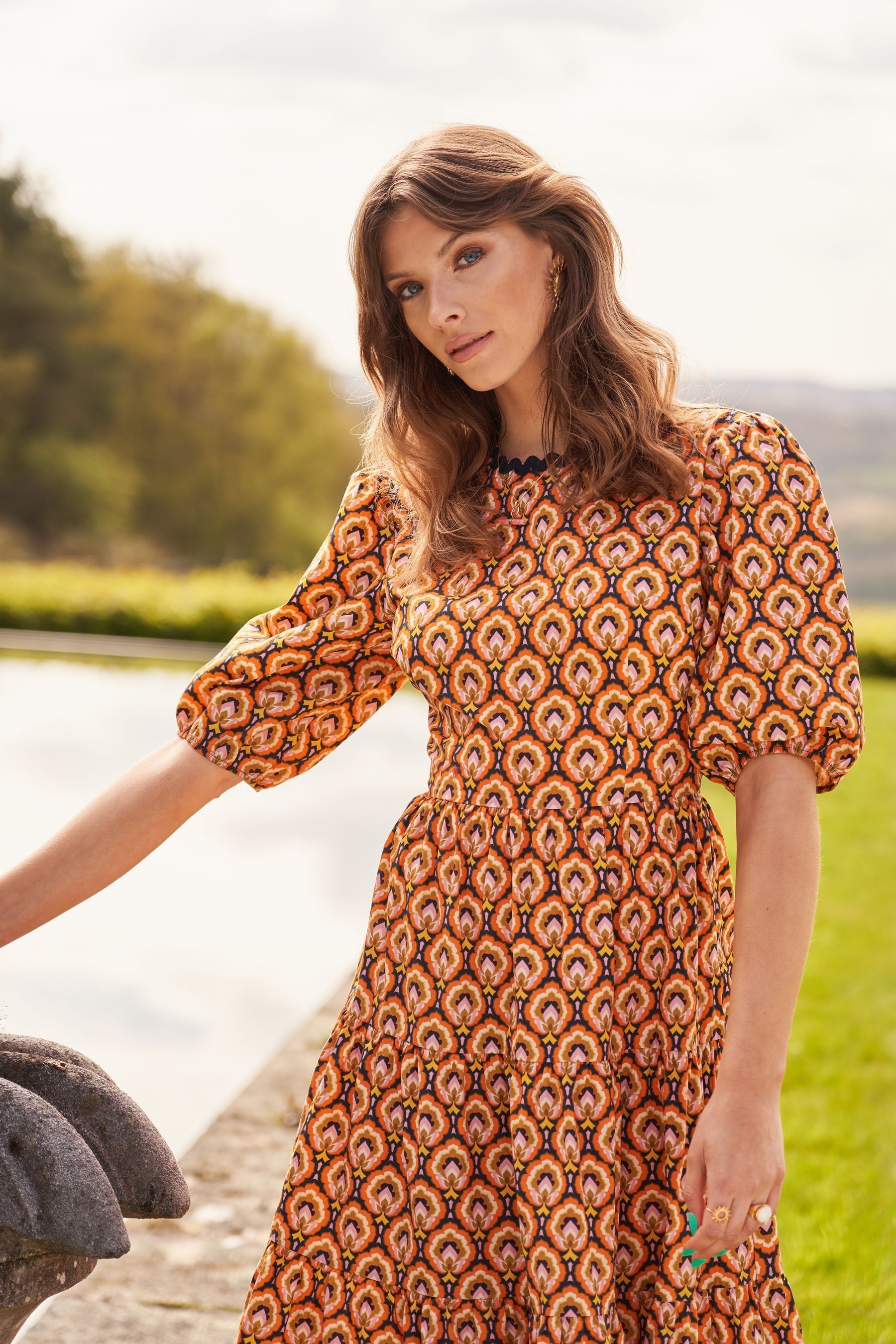 Buy Another Sunday Tiered Midi Smock Dress With Puff Sleeves In Green ...