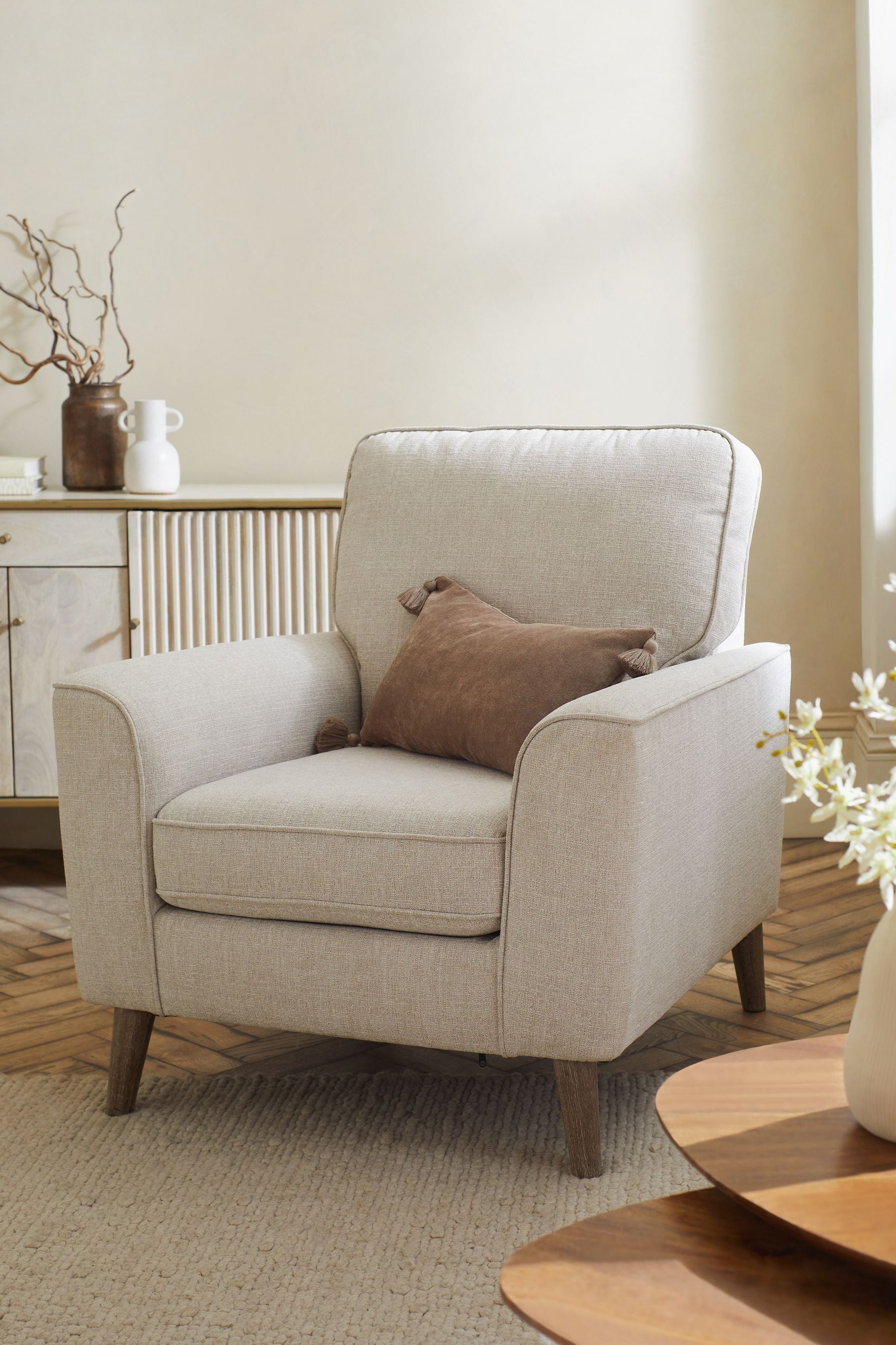 Buy Tweedy Plain Light Natural, Ash Effect Leg Stamford Armchair from ...