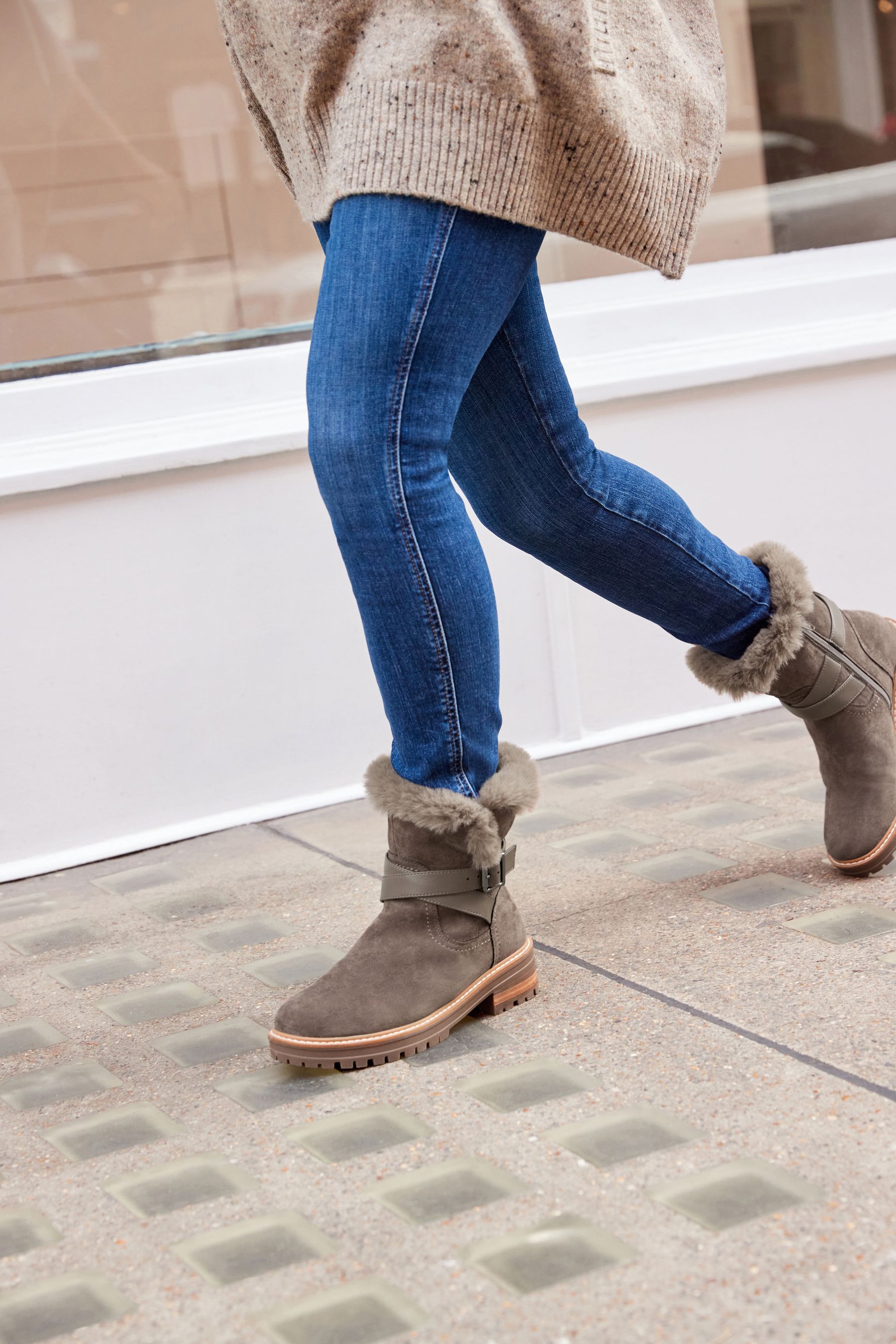 Buy Grey Regular/Wide Fit Forever Comfort® Faux Fur Lined Buckle Detail ...