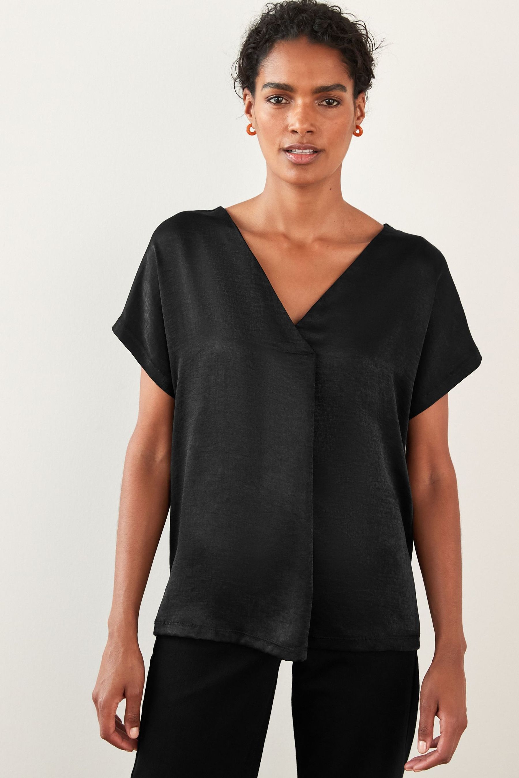 Buy Black Short Sleeve Satin Front V-Neck T-Shirt from Next Ireland