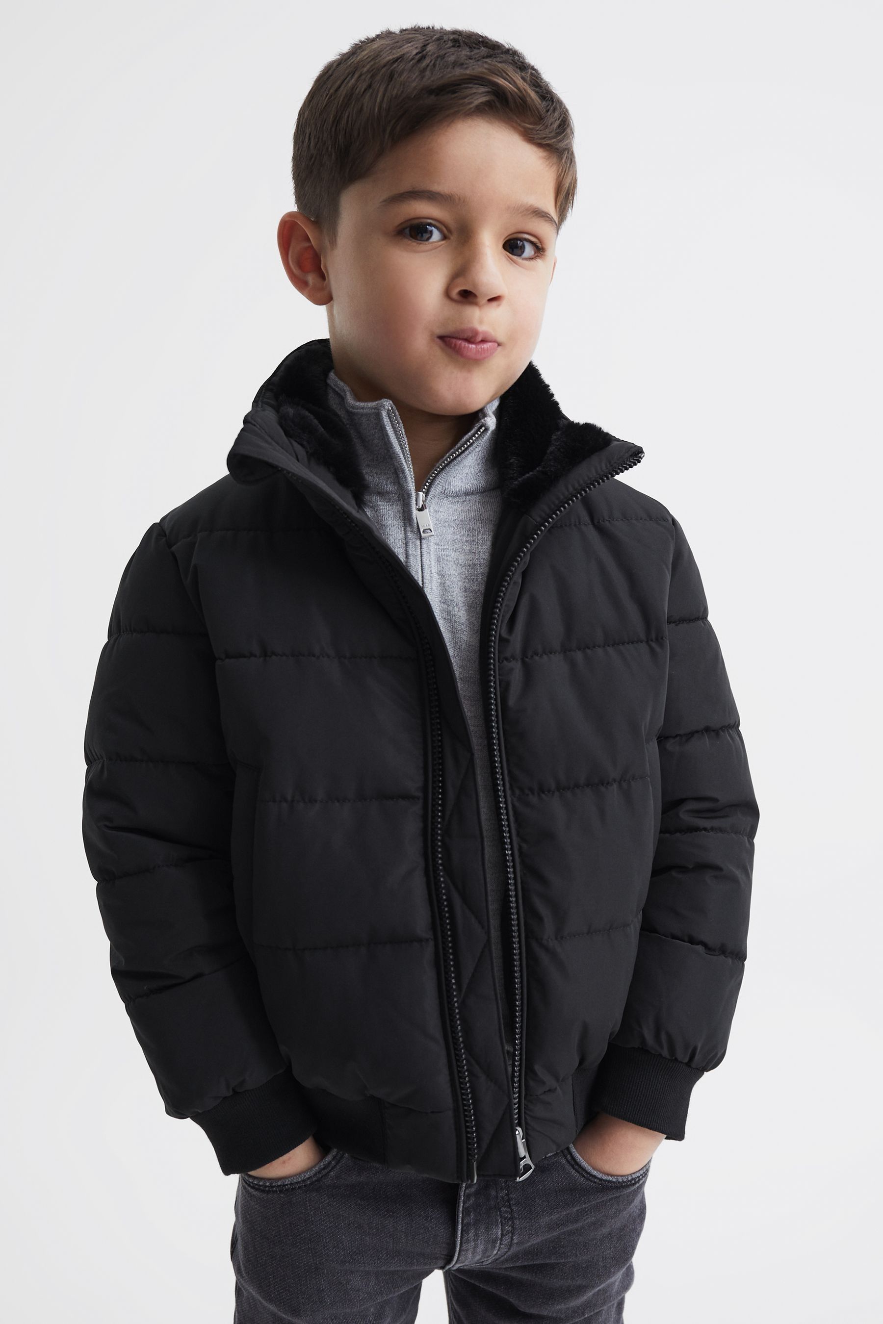 Buy Reiss Black Frost Senior Faux Fur Trim Puffer Jacket from the Next ...