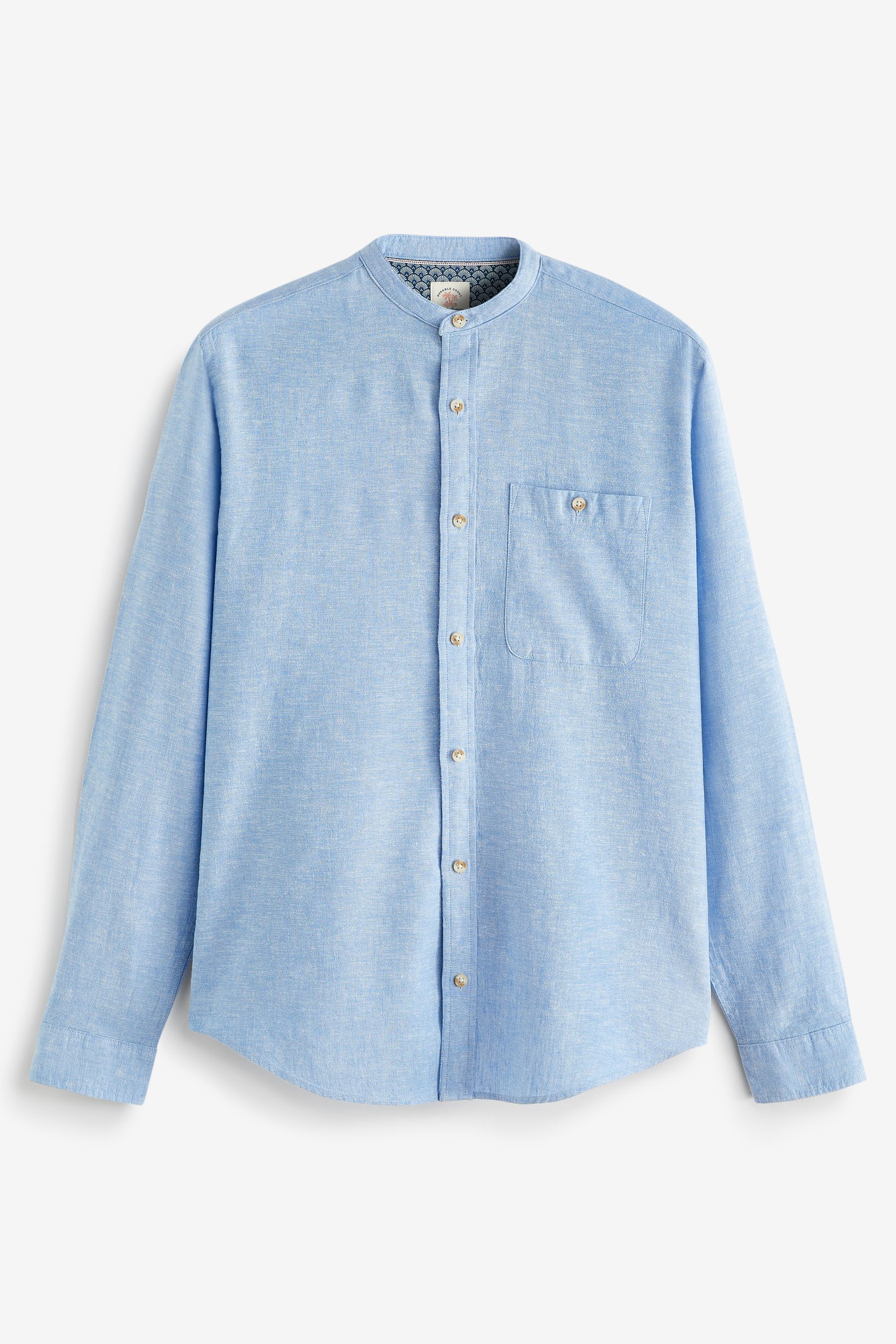 Buy Light Blue Grandad Collar Linen Blend Long Sleeve Shirt from the ...