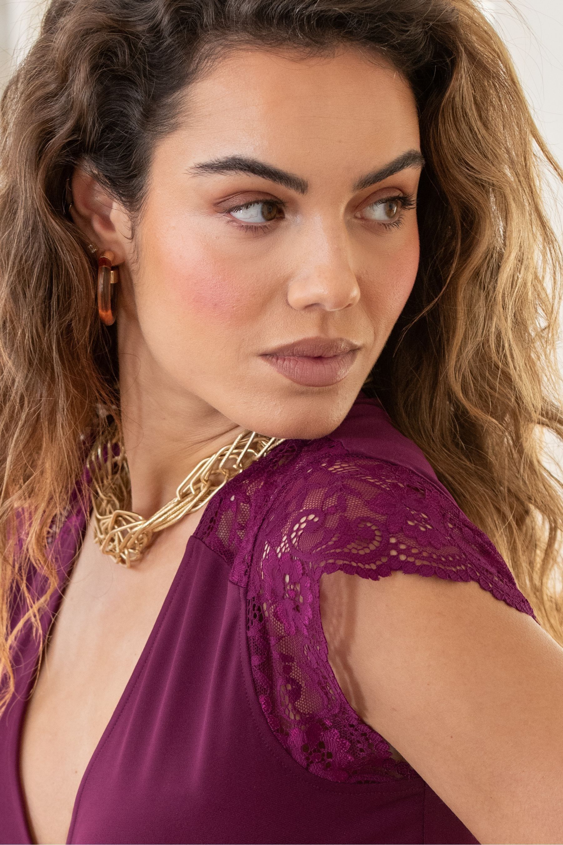 Buy Pour Moi Purple Julie Fuller Bust Slinky Jersey Lace Trim Wrap Top ...