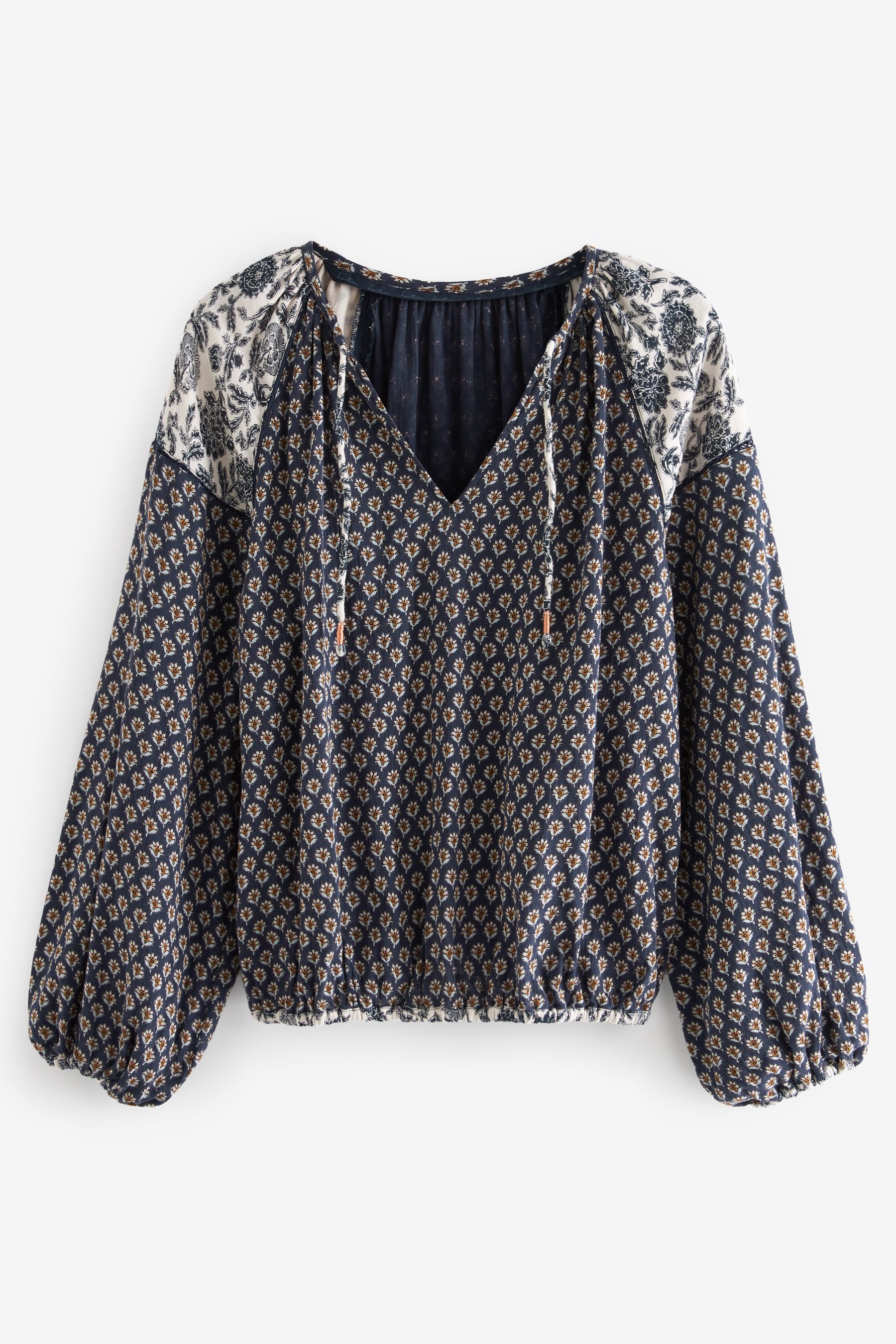 Buy Navy Blue Geometric Cotton Crinkle Bubble Hem Long Sleeve Top from ...