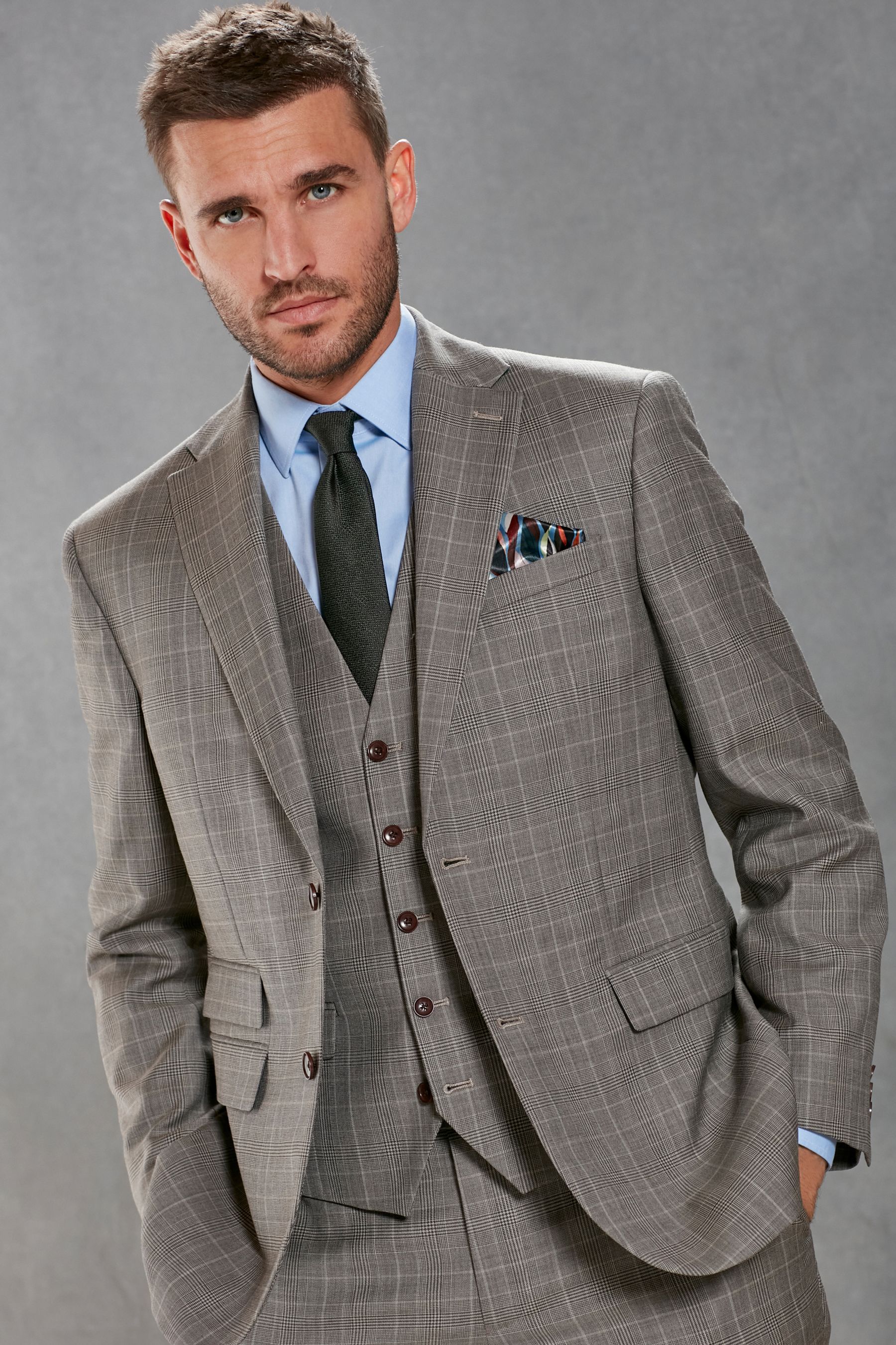 Buy Neutral Regular Fit Signature British Fabric Check Suit: Jacket ...