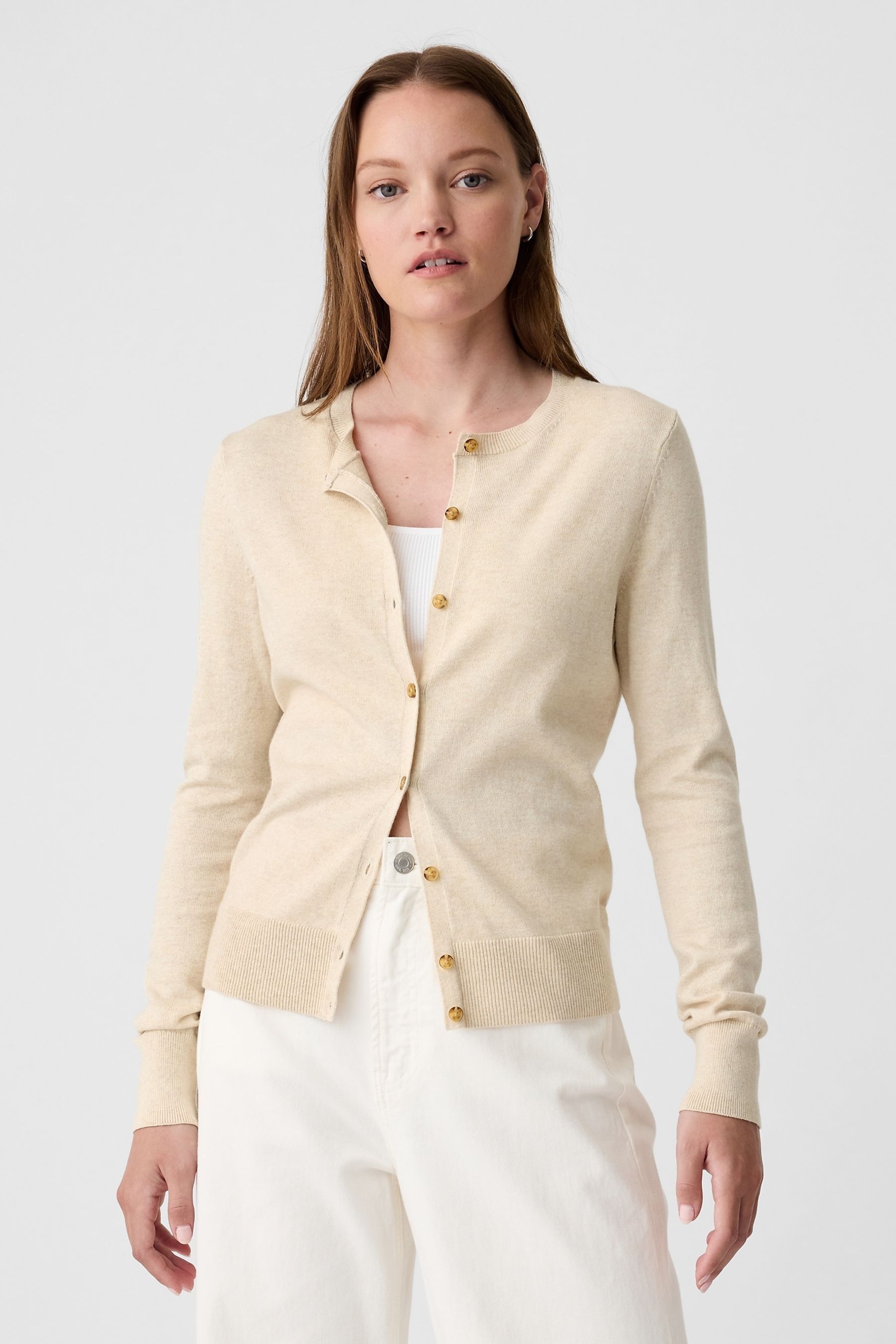 Buy Gap Beige Long Sleeve Crew Neck Cardigan from the Next UK online shop