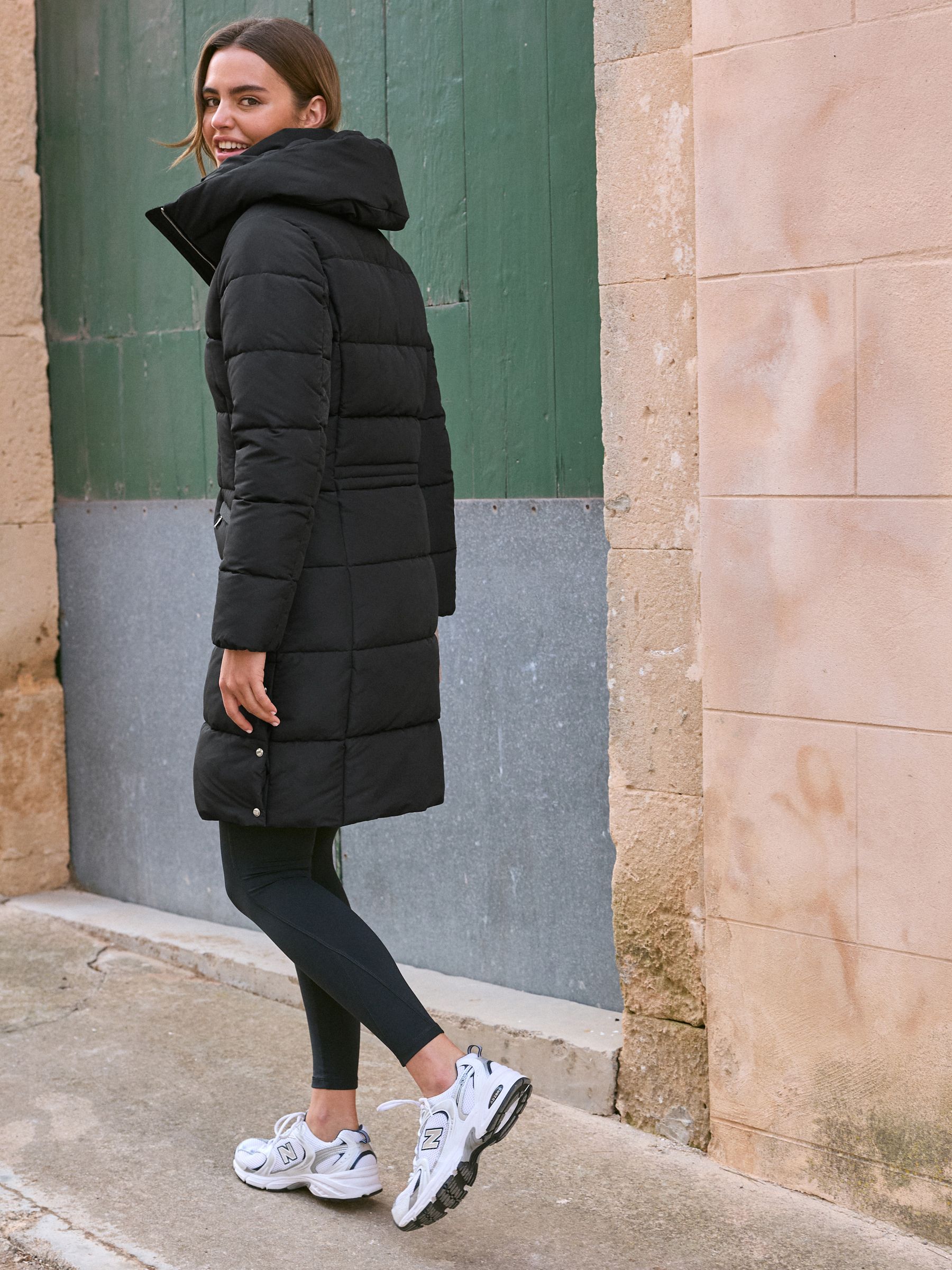 Buy Black Shower Resistant Padded Puffer Hooded Mid Length Coat from ...