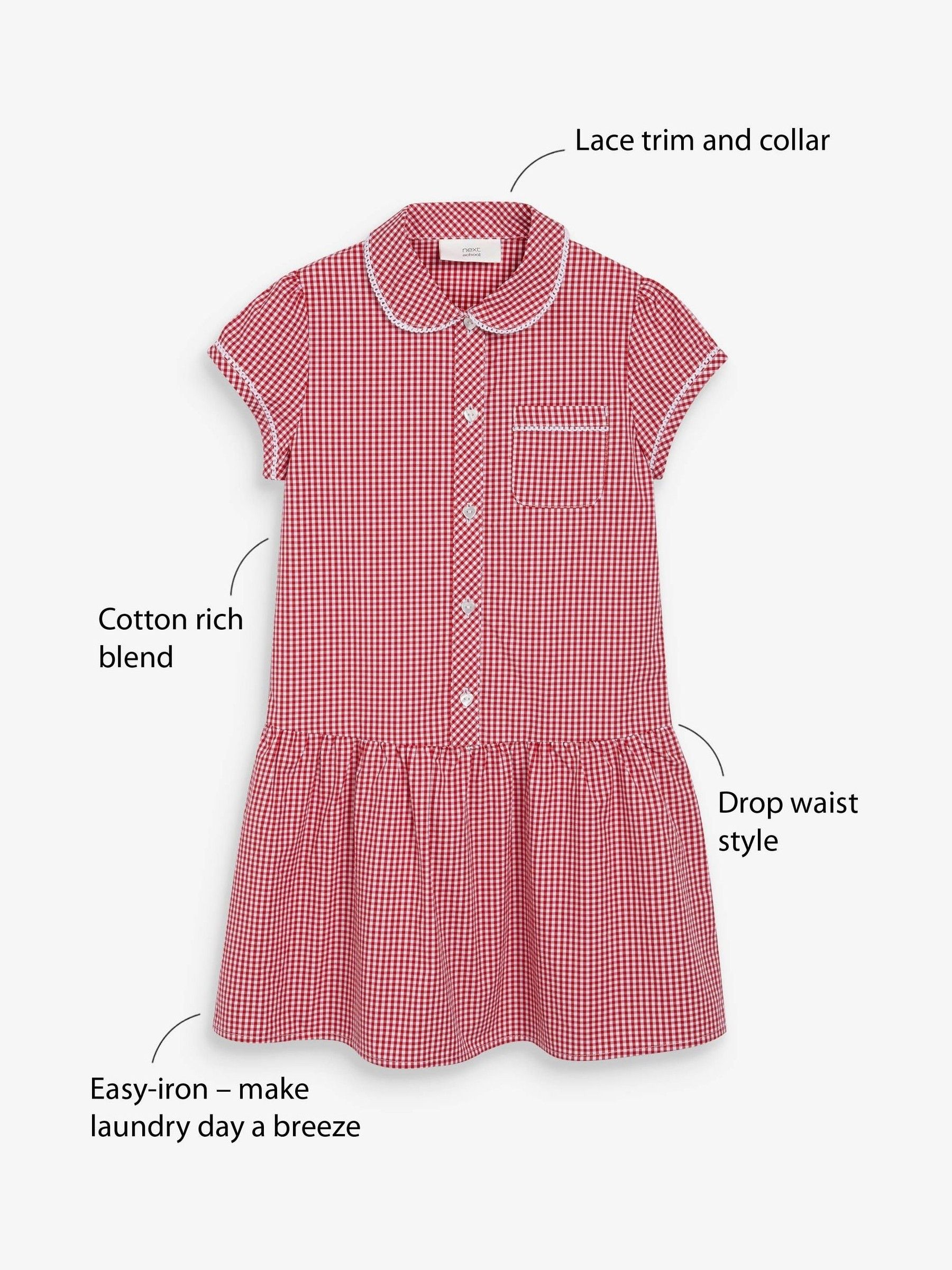 Buy Red Cotton Rich Drop Waist Gingham School Dress (3-14yrs) from the ...