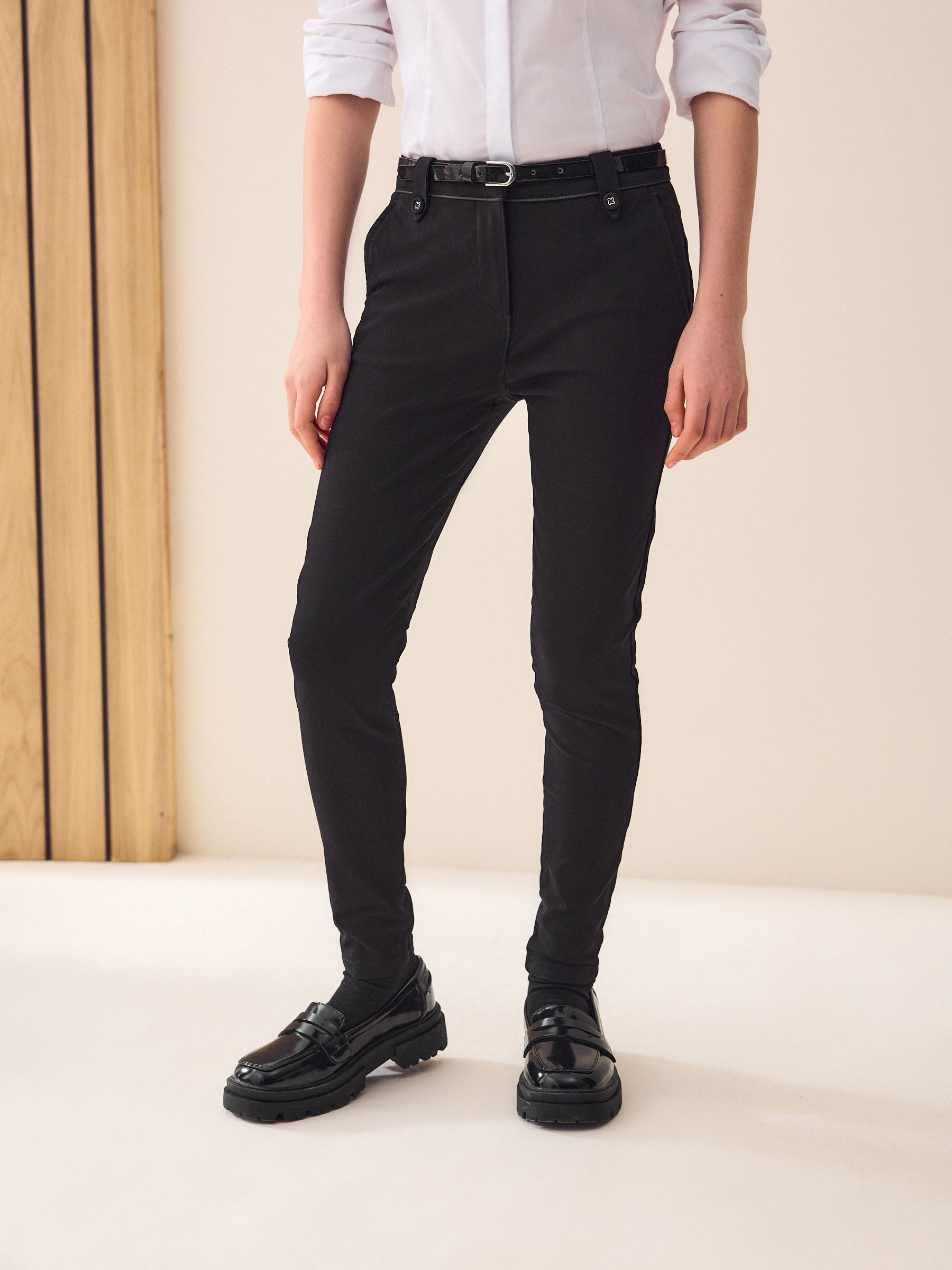 Black Senior Belted Skinny Stretch School Trousers 9 18yrs