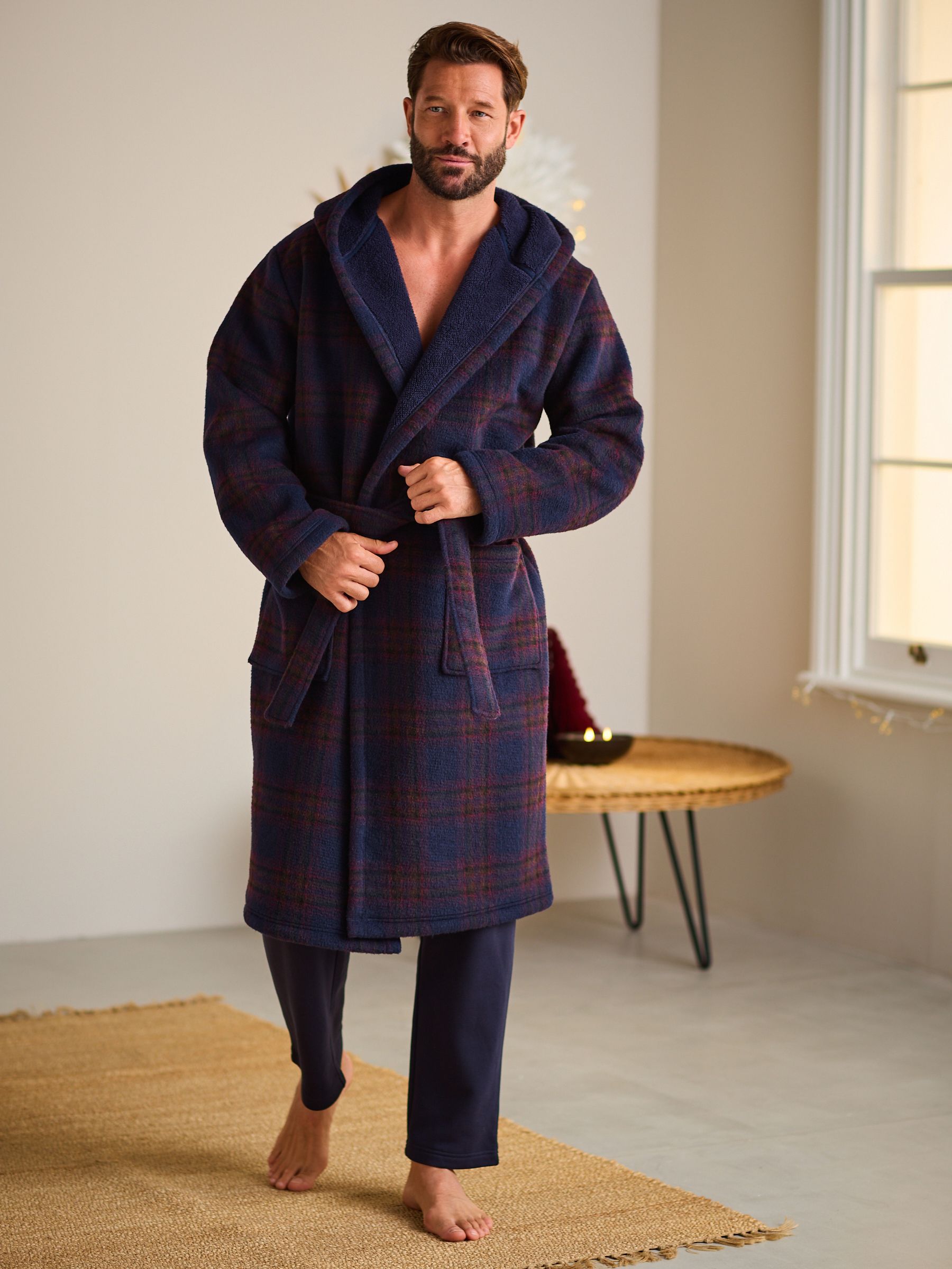 Buy Navy Blue/Orange Check Fleece Borg Lined Dressing Gown Robe from ...