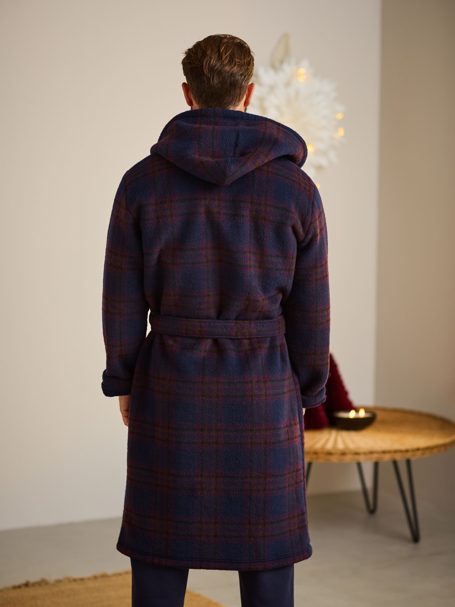 Buy Navy Blue/Orange Check Fleece Borg Lined Dressing Gown Robe from ...