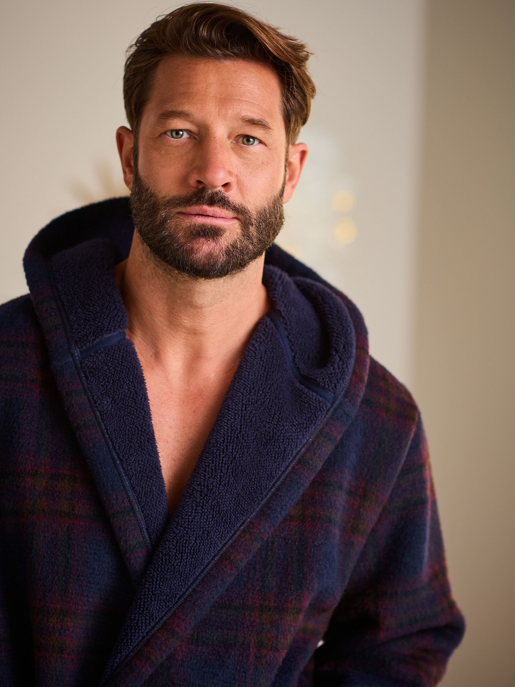 Buy Navy Blue/Orange Check Fleece Borg Lined Dressing Gown Robe from ...