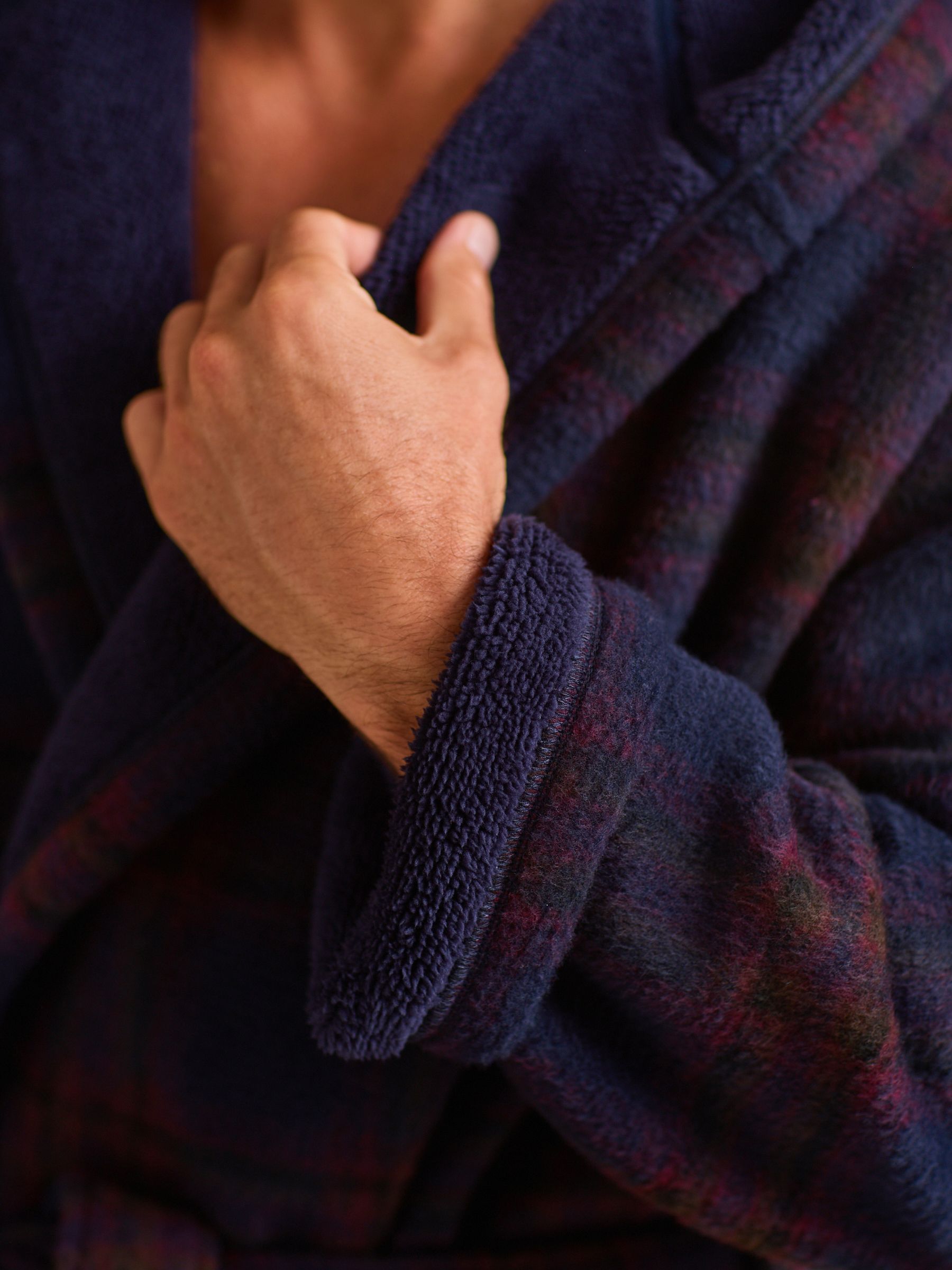 Buy Navy Blue/Orange Check Fleece Borg Lined Dressing Gown Robe from ...